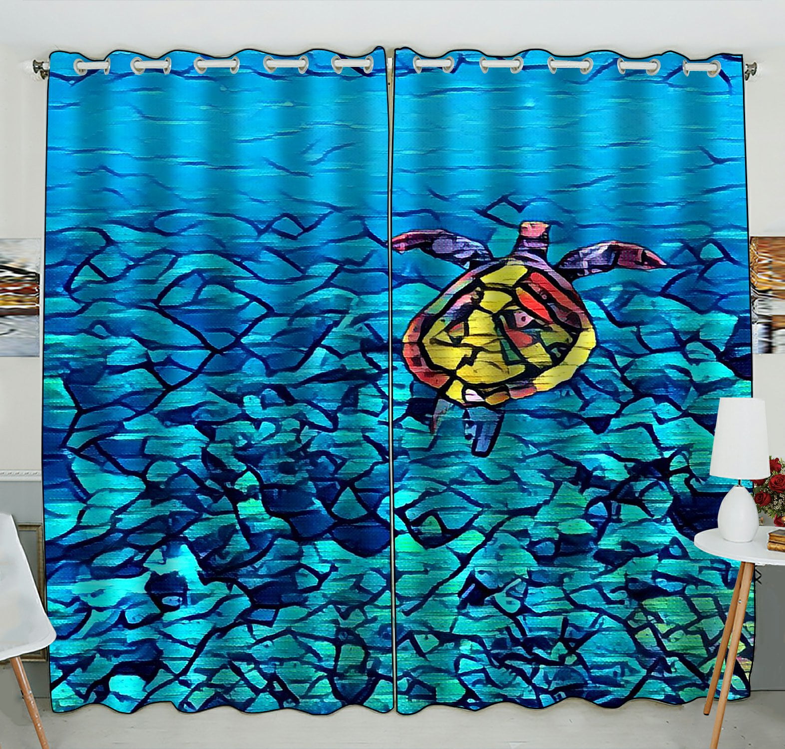 PHFZK Ocean Animal Window Curtain, Marine Turtle in the Blue Sea Window ...