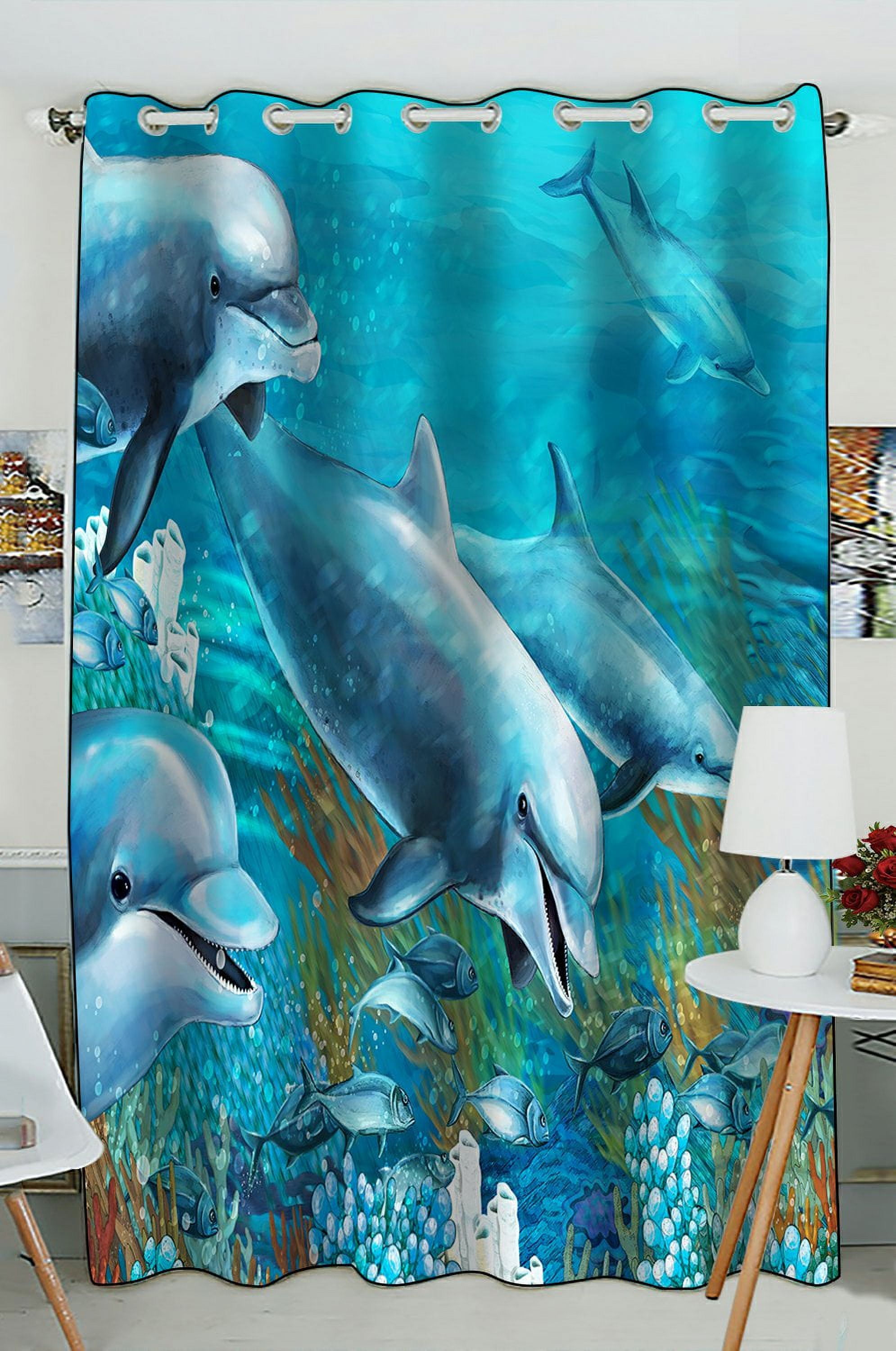 PHFZK Ocean Animal Window Curtain, Underwater World with Dolphins and ...