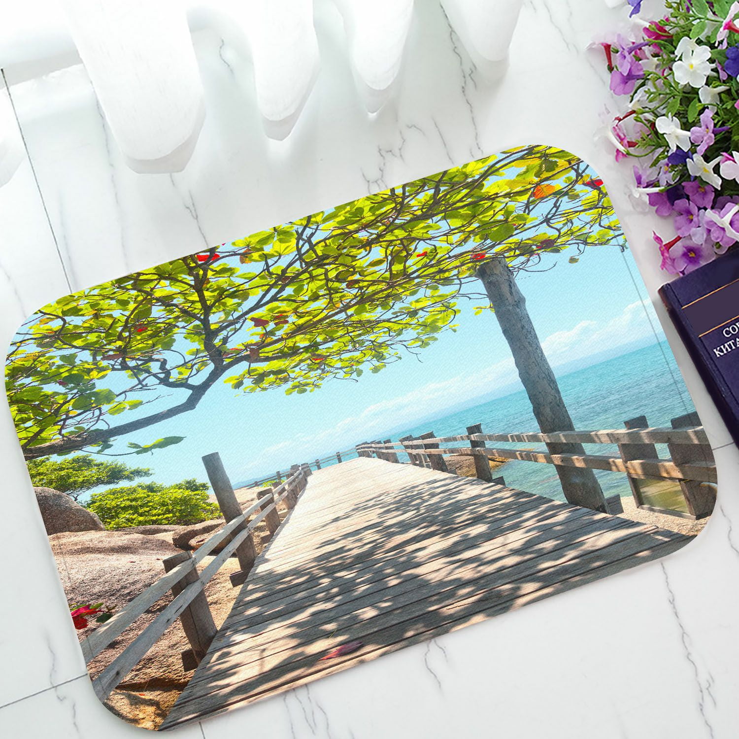 PHFZK Ocean Beach Seascape with Wooden Bridge Doormat, Beautiful Green ...