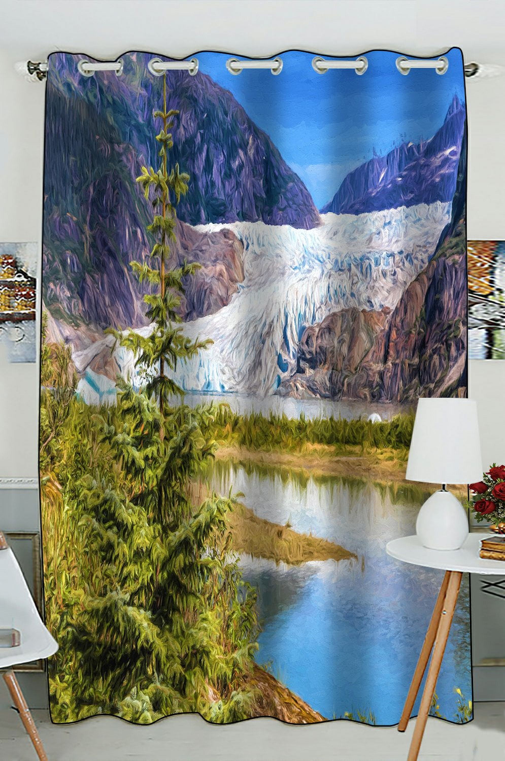 PHFZK Oil Painting Window Curtain, Landscape with Mendenhall Glacier and Pine Window Curtain ...