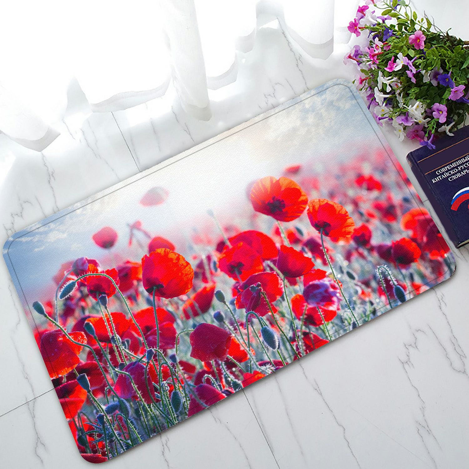 PHFZK Poppy Flower Doormat, Red Poppies Field against the Cloudy Sky ...