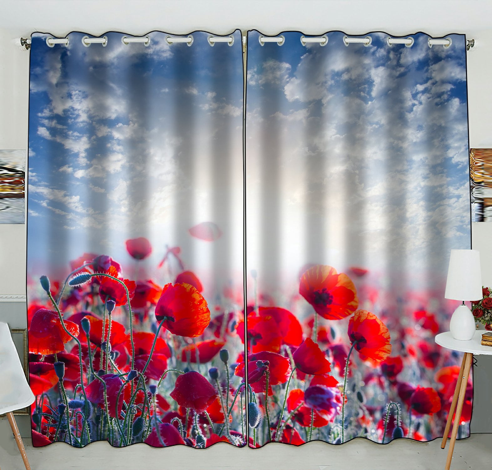 PHFZK Poppy Flower Window Curtain, Red Poppies Field against the Cloudy ...