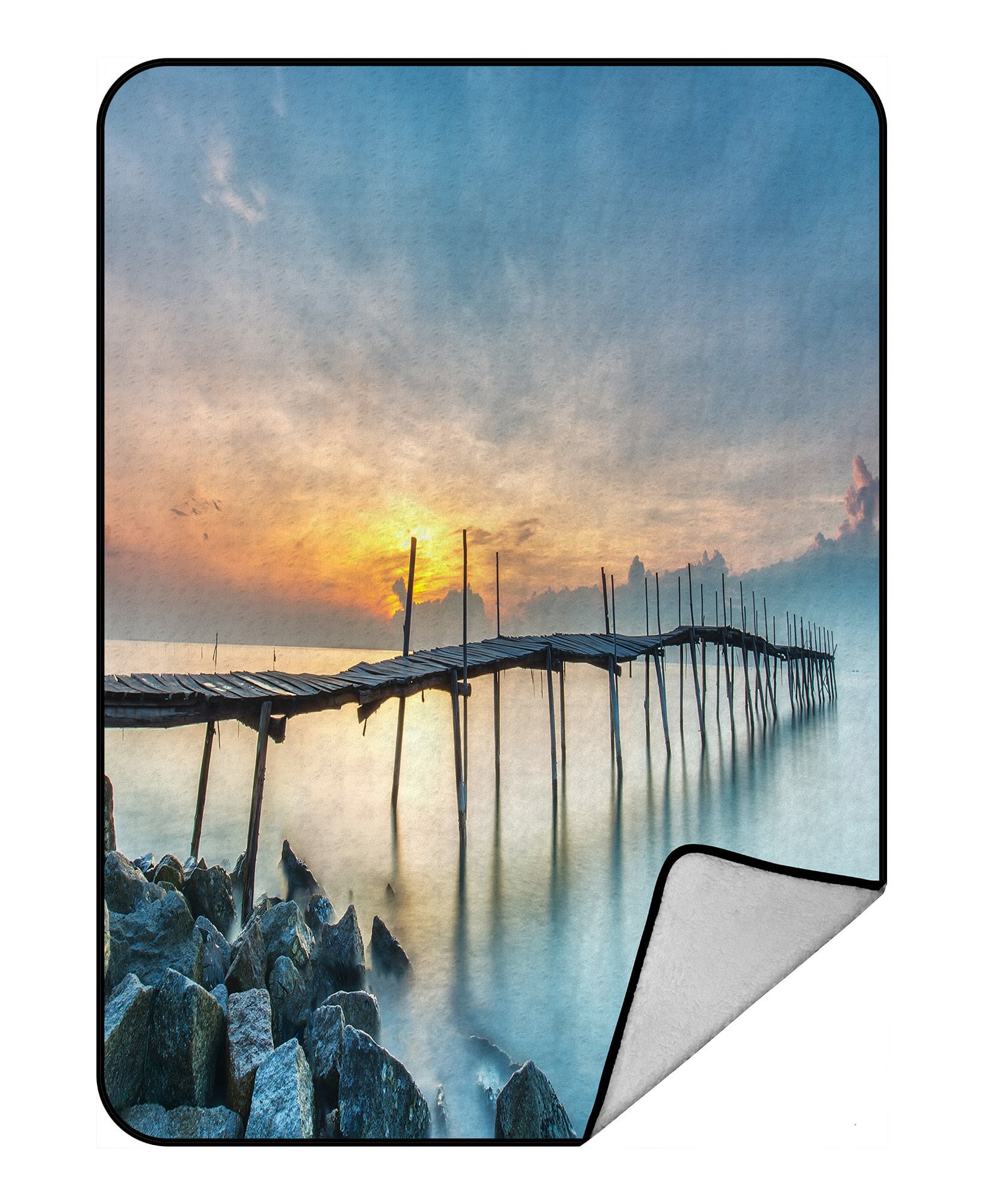 PHFZK Seascape Blanket, Beautiful Sunrise on Wooden Bridge with Dark ...