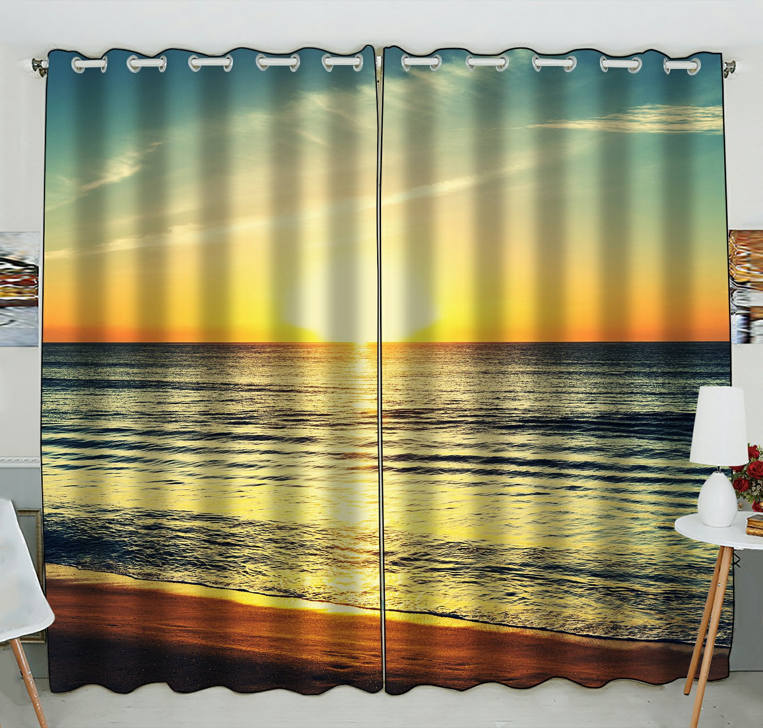 PHFZK Seascape Window Curtain, Summer Ocean Beach with Sunset Sea Waves ...