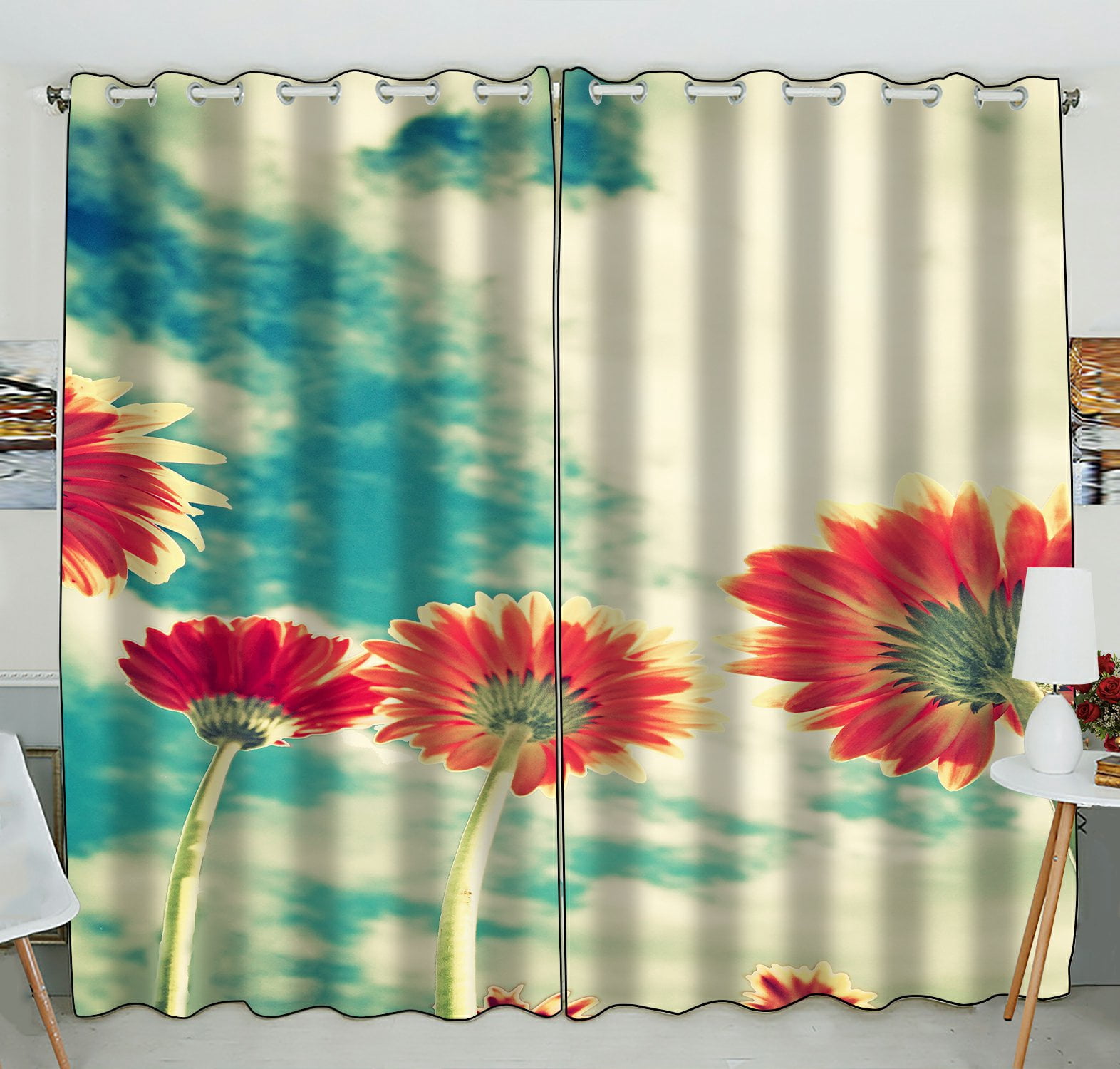 PHFZK Summer Landscape Window Curtain, Red Sunflower under the Bule Sky ...