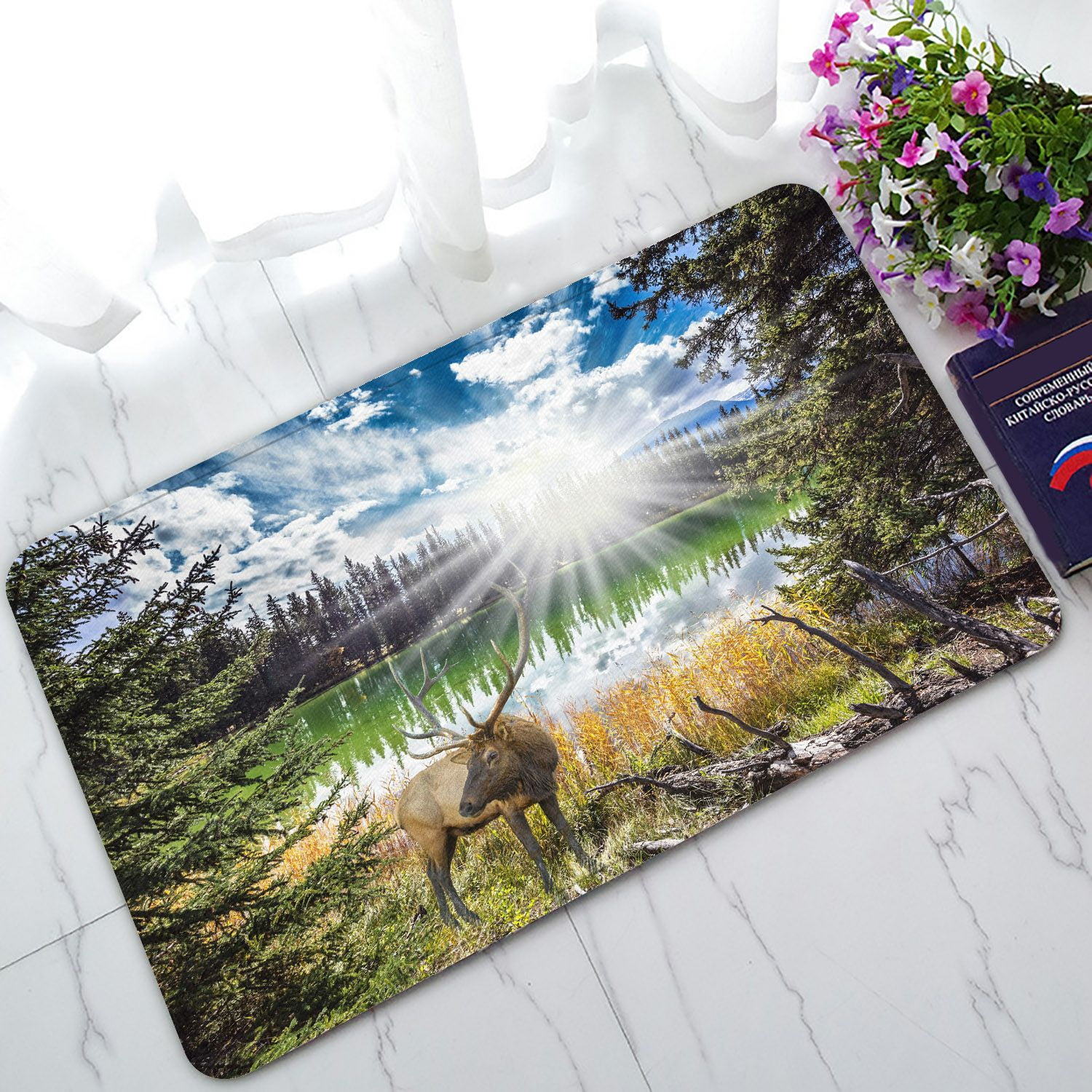 PHFZK Woodland Landscape Doormat, Deer Reindeer Bule Sky Cloud Lake ...