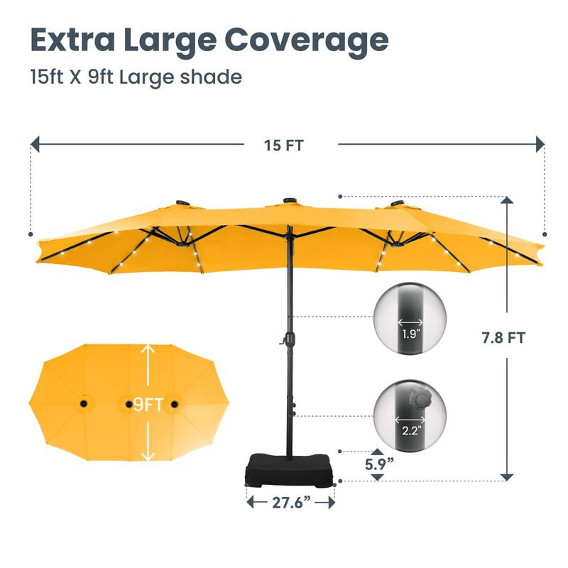 PHI VILLA 15 ft Extra Large Patio Umbrella with 36 LED Lights, Metal ...