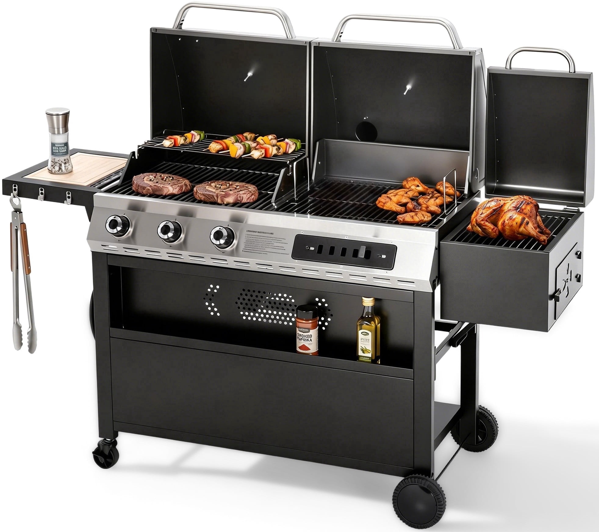 MF Studio 3-Burner Gas and Charcoal Combo Grill with Offset Smoker ...