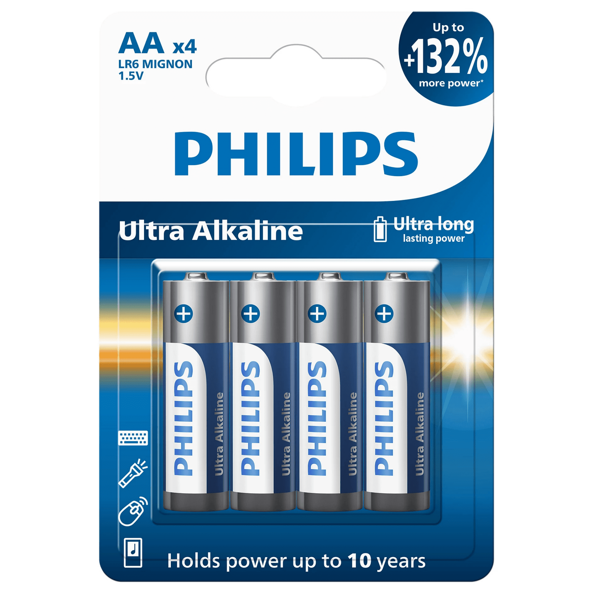 PHILIPS AA Batteries 4 Pack, 1.5v Ultra Alkaline Double AA Battery, 10 ...