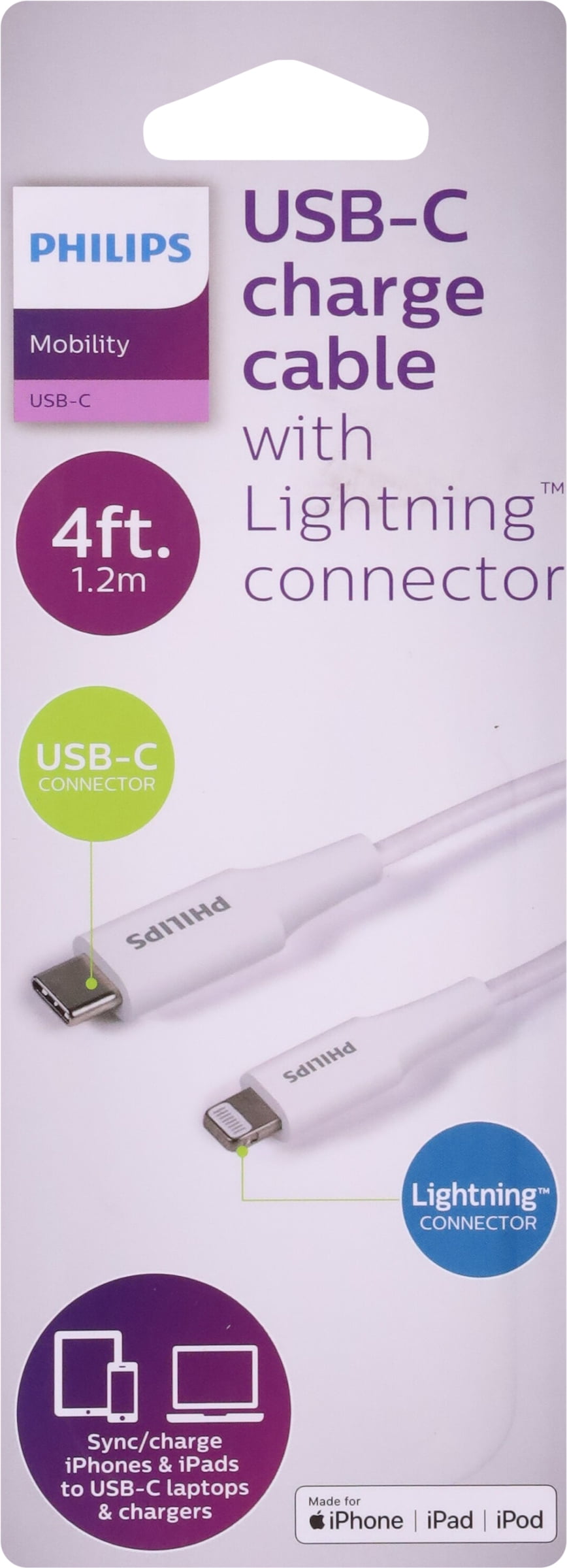 PHILIPS DLC4202V PHILIPS LIGHTNING TO C 4FT BRD CABLE WHT - Walmart.com