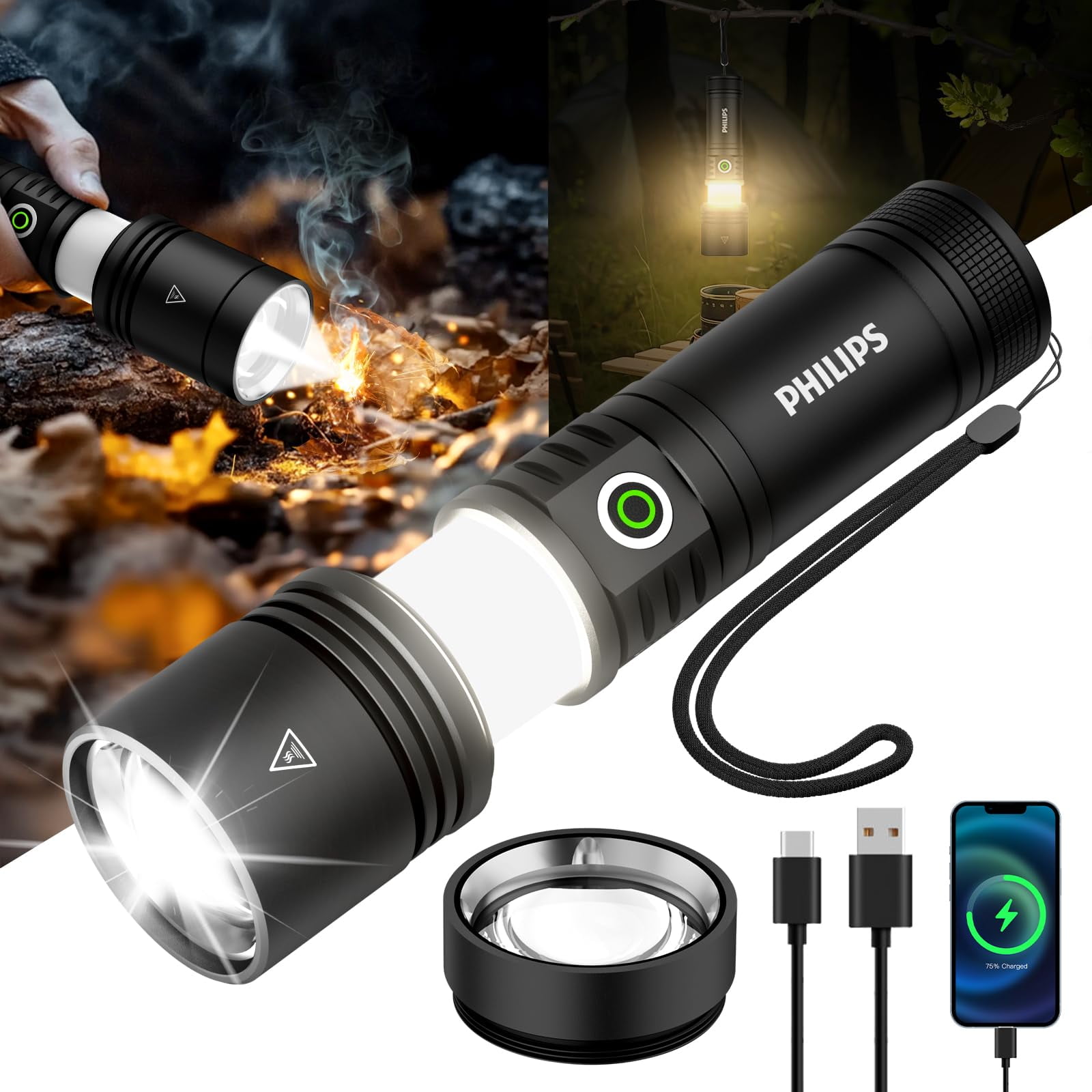 PHILIPS Flashlights High Lumens Rechargeable with Ignition Lens,2000lm ...