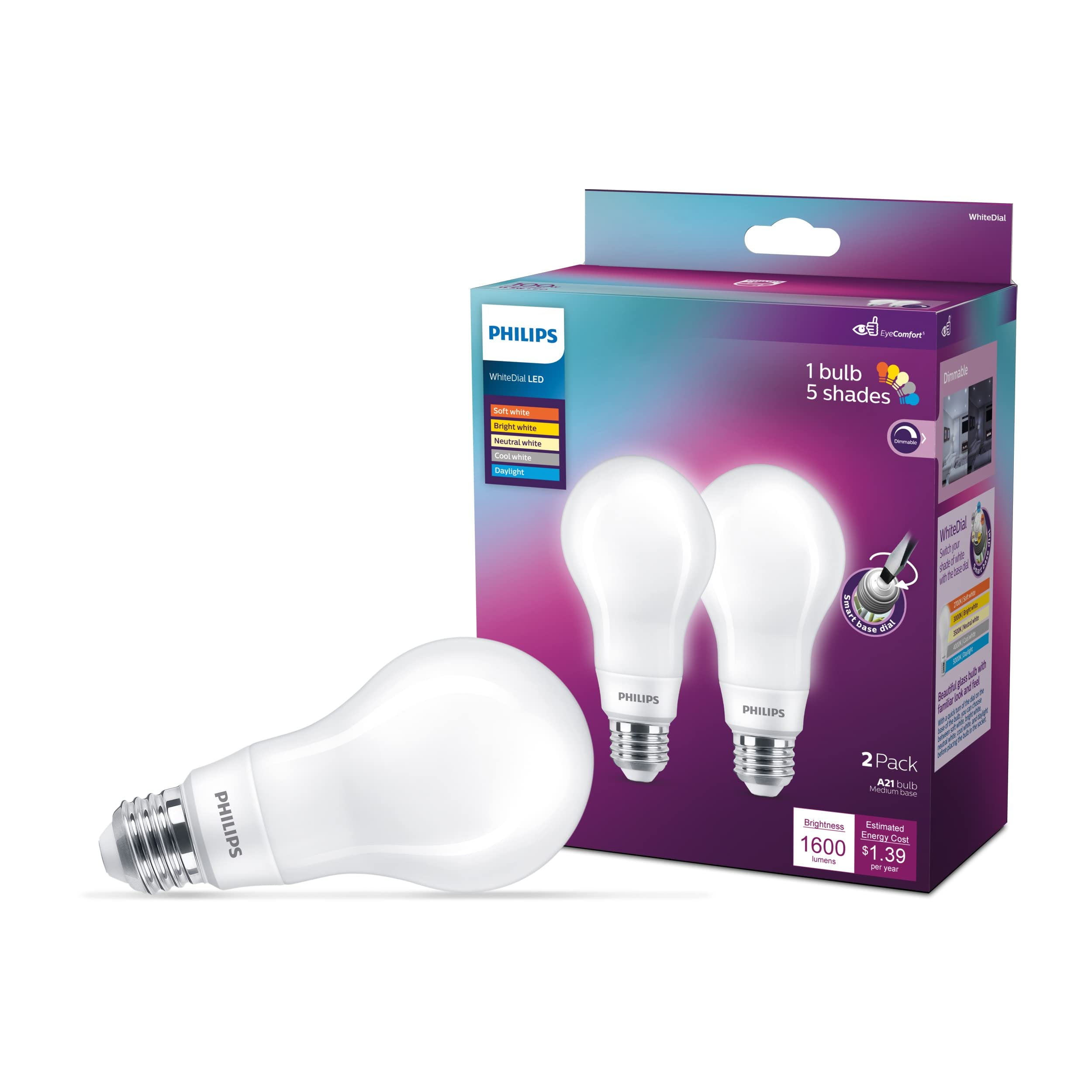 PHILIPS LED White Dial Flicker-Free Frosted Dimmable A21 Light Bulb ...