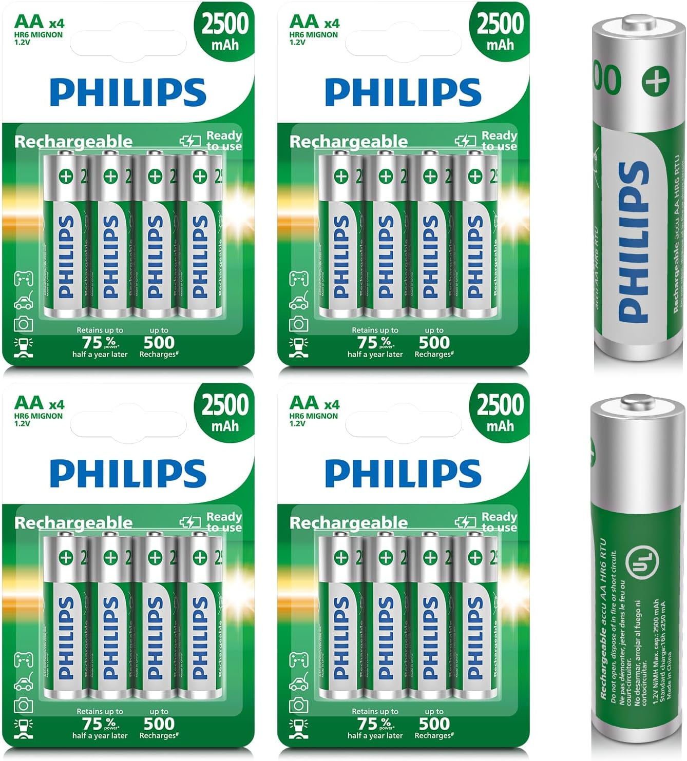 PHILIPS Rechargeable AA Batteries 16 Pack 2500mAh NiMH Double A Battery ...