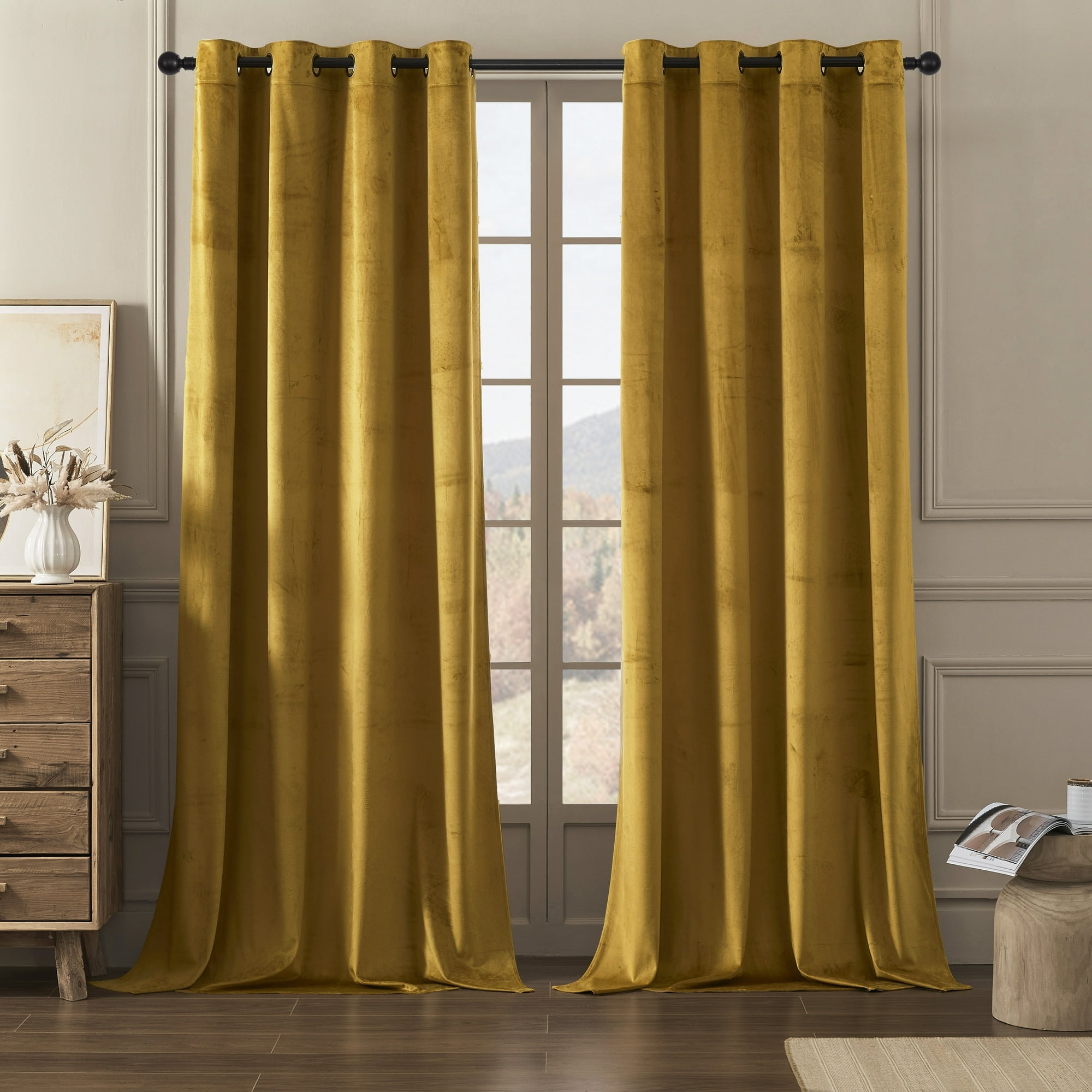 PHOENIGON Velvet Solid Color Metal Grommets Room Darkening Curtain ...