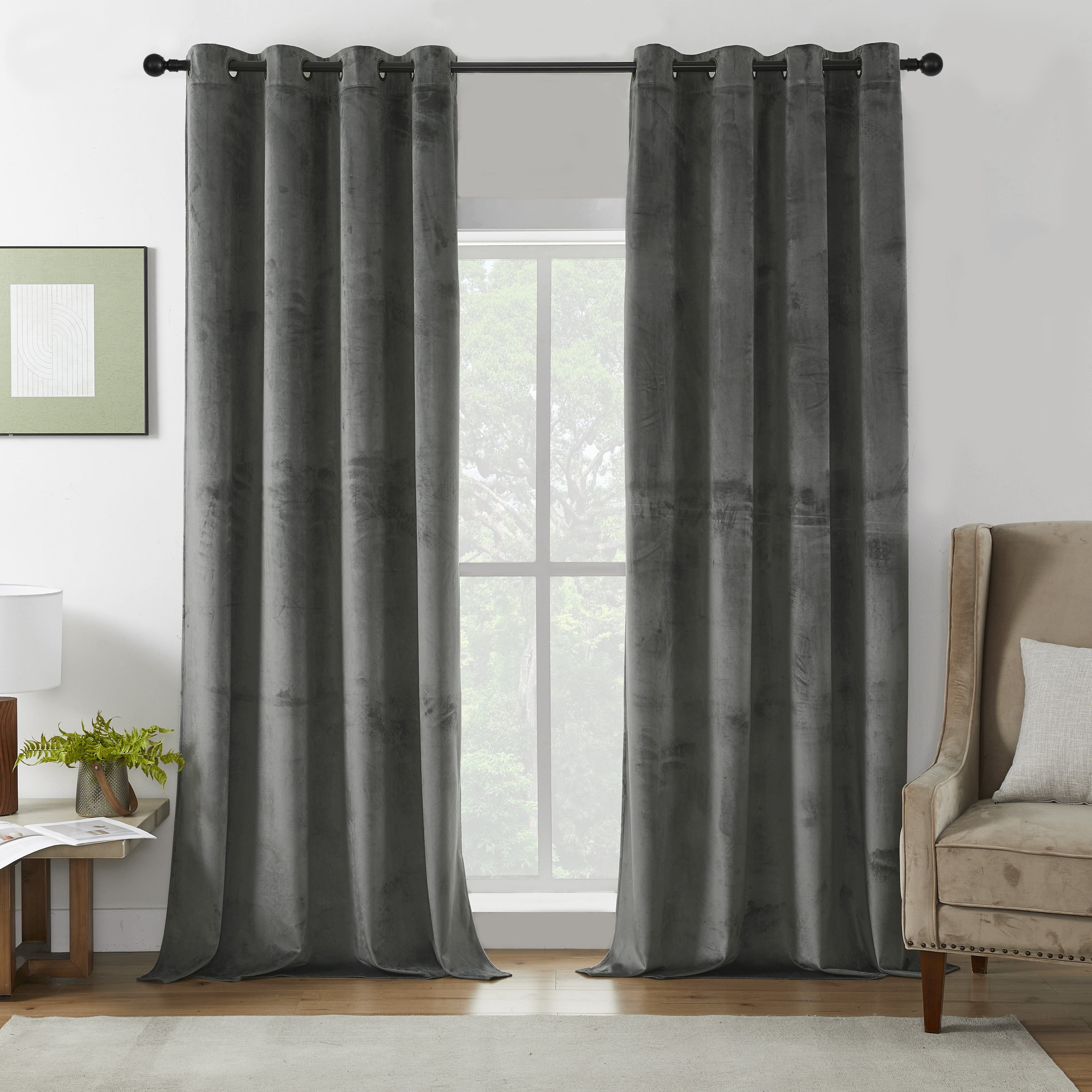 PHOENIGON Velvet Solid Color Metal Grommets Room Darkening Curtain ...