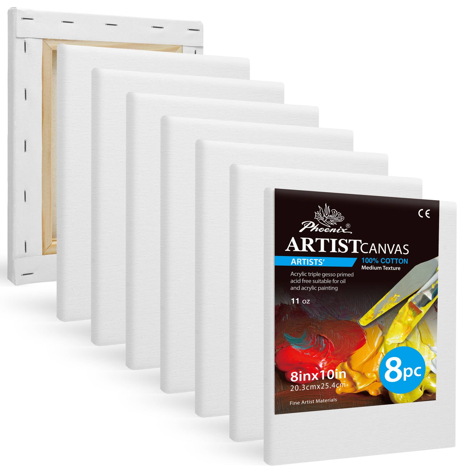PHOENIX 8x10 in 8 Pack Professional Stretched Canvas Wood Frame 11 oz ...