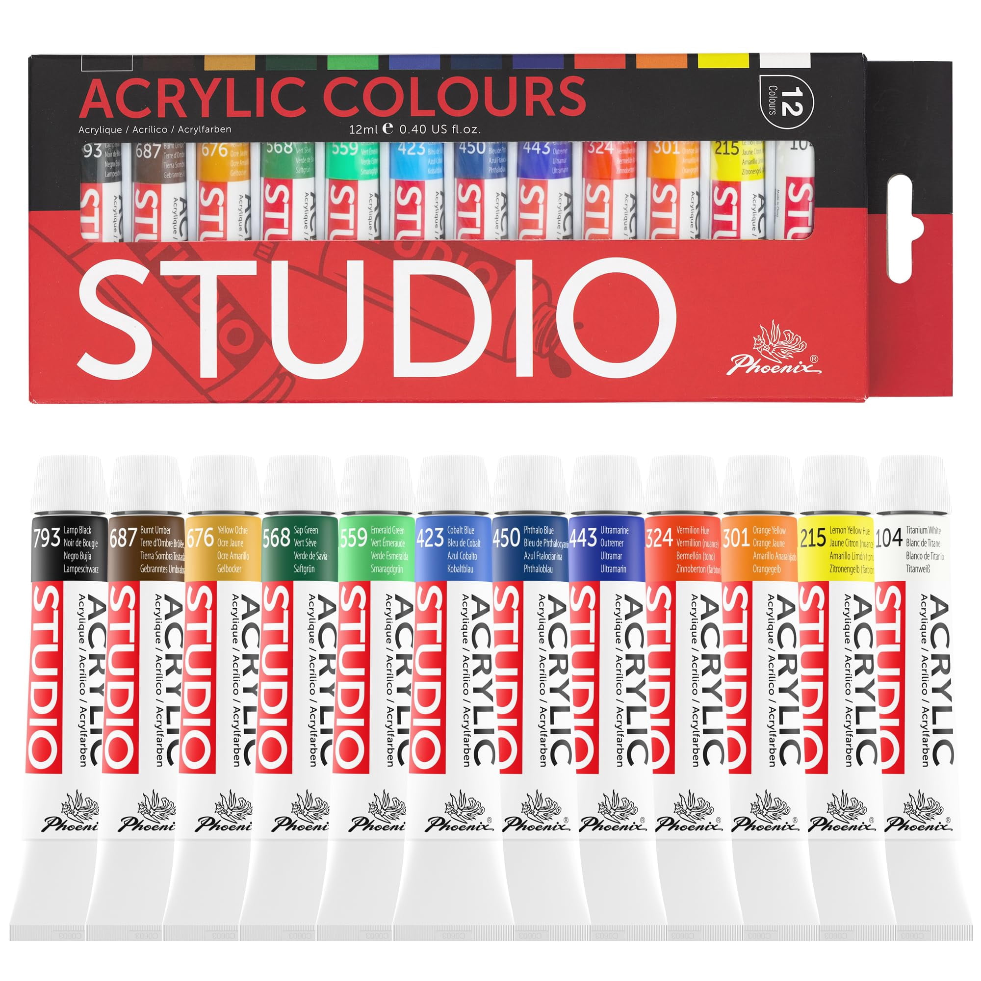 PHOENIX Acrylic Paint Set, 12x12ml Tubes, BSL1 Non-toxic Craft Color ...