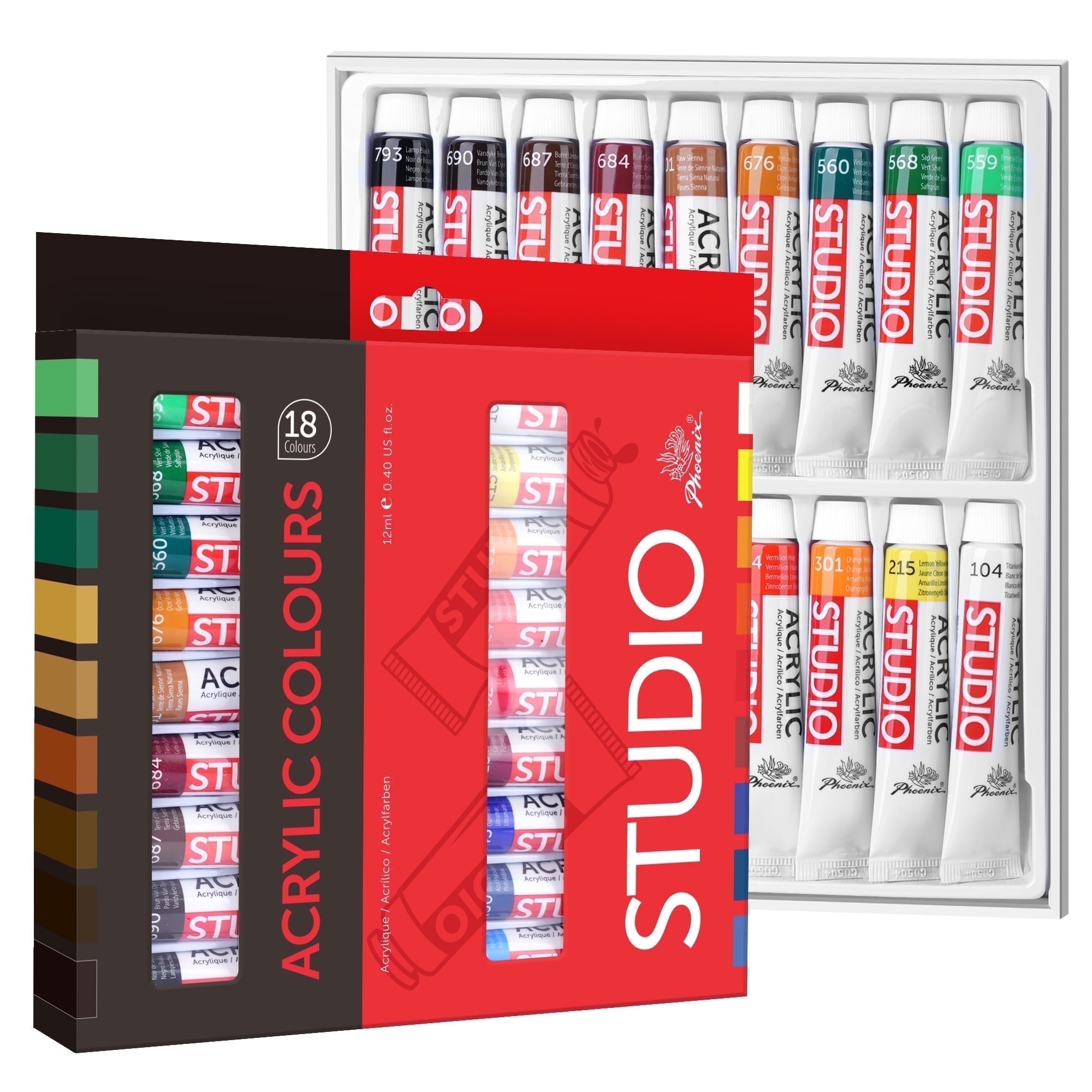 PHOENIX Acrylic Paint Set, 18x12ml Tubes, Non-Toxic Craft Paints for ...