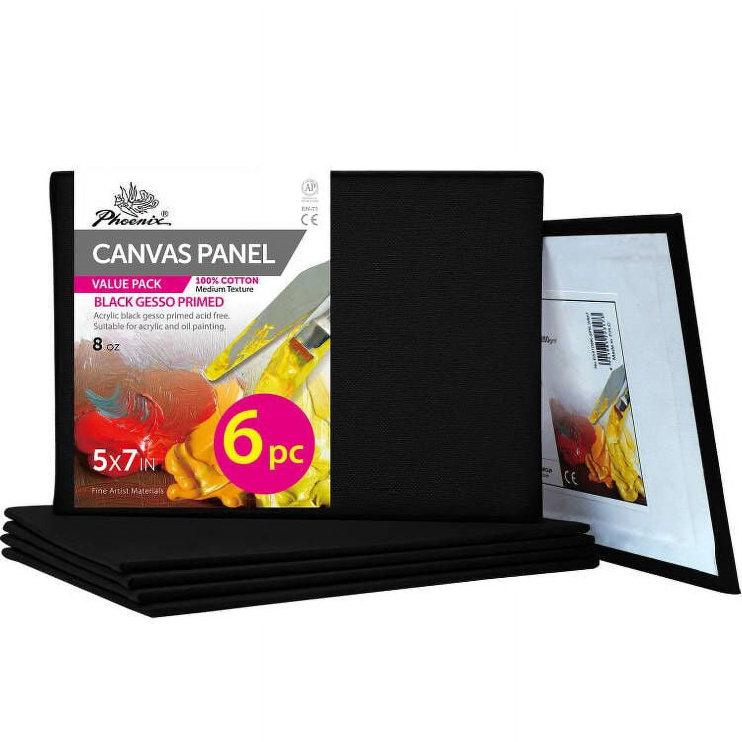 PHOENIX Black Canvas Panels 5x7 inch, 6 Pack, 100% Cotton, Stretched ...