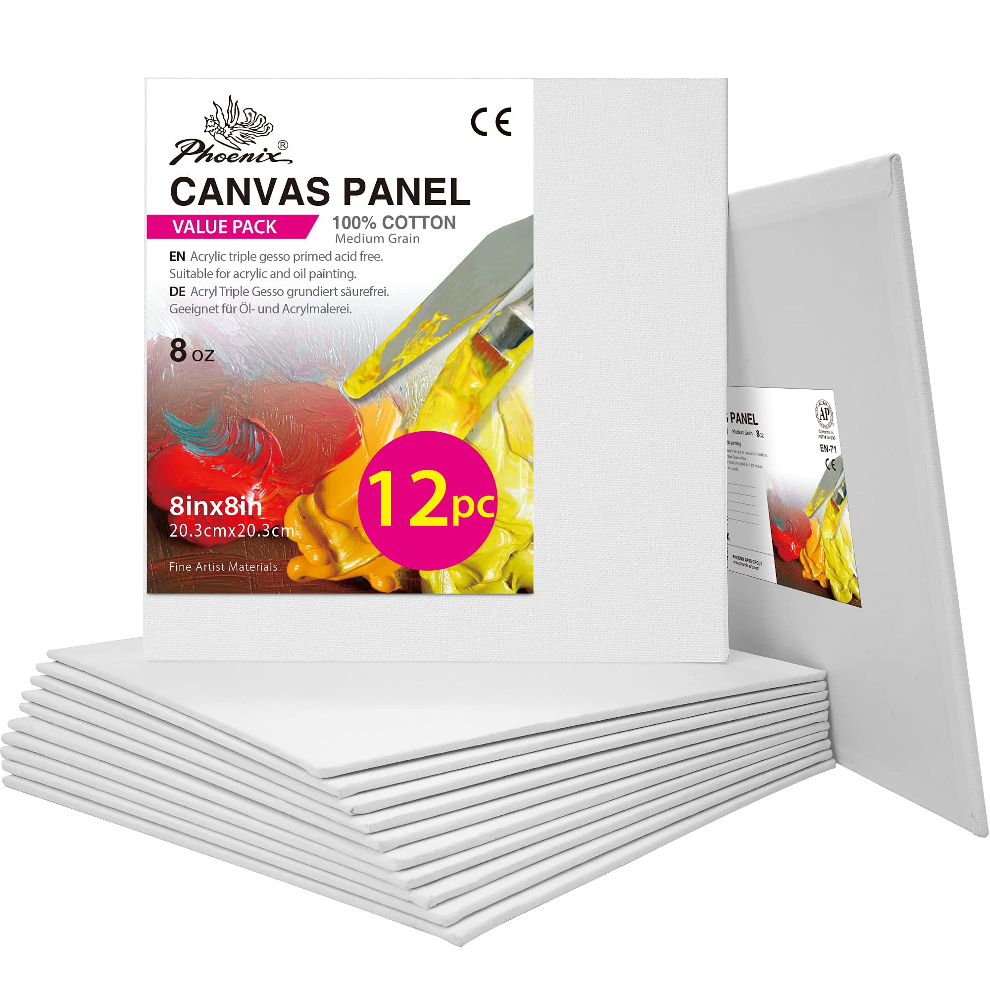PHOENIX Painting Canvas Panels 8x8 Inch, 12 Value Pack - 8 Oz Triple ...