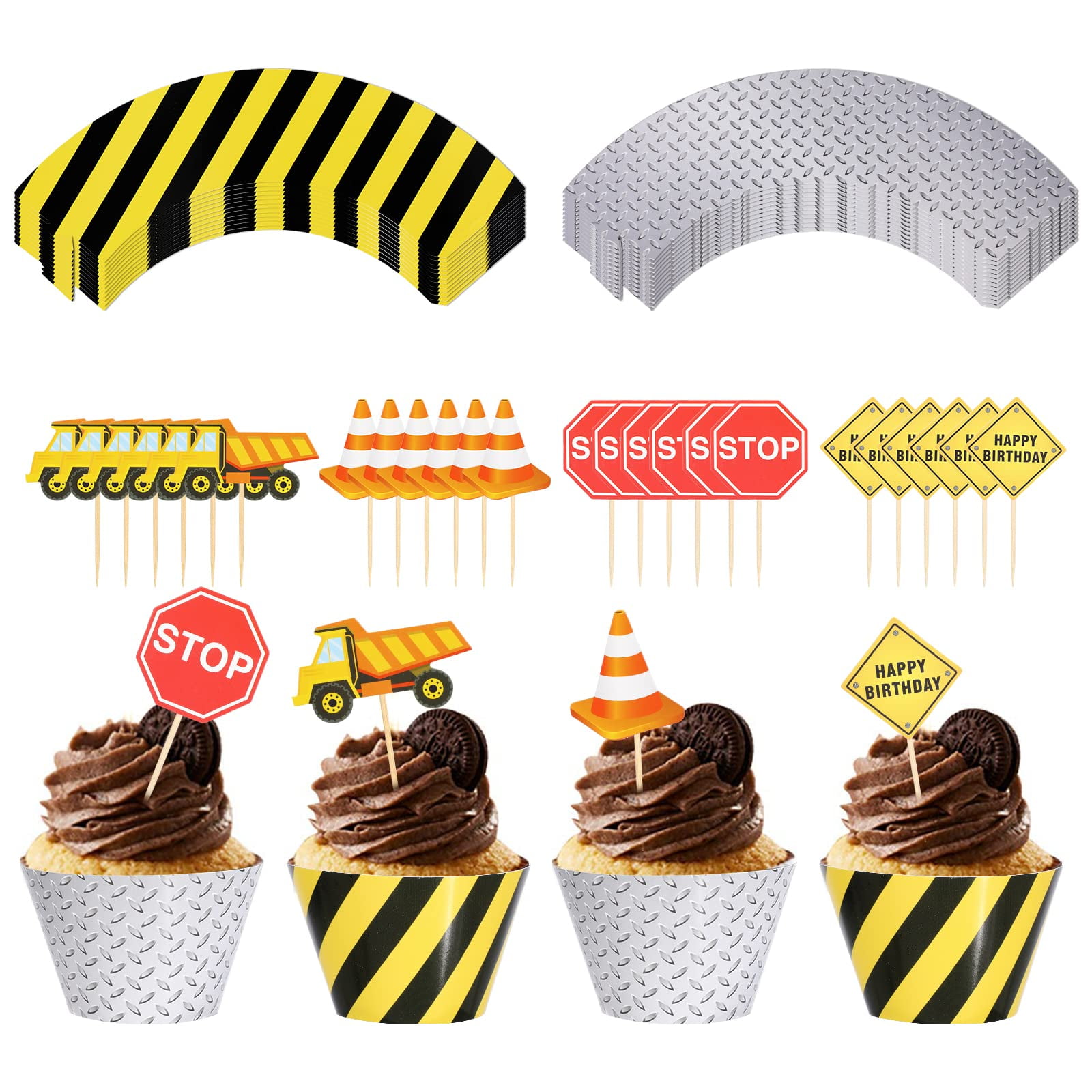 PHOGARY 24pack Construction Cupcake Toppers and Wrappers, 24-Piece ...