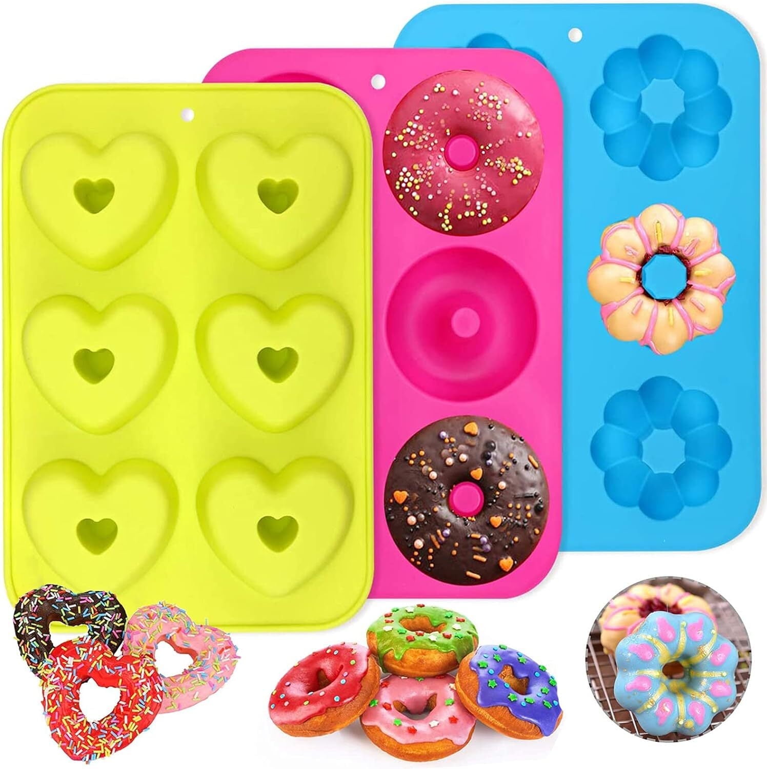 PHOGARY 3-Pack Silicone Doughnut Moulds, 6-Cavity Donut Baking Pan, 260 ...