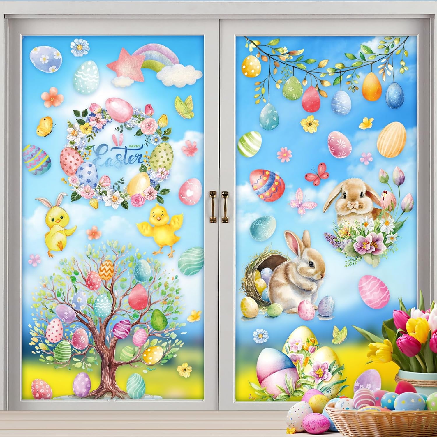 PHOGARY Big Easter Window Stickers, 81PCS Bunny Eggs Tree Window Clings ...