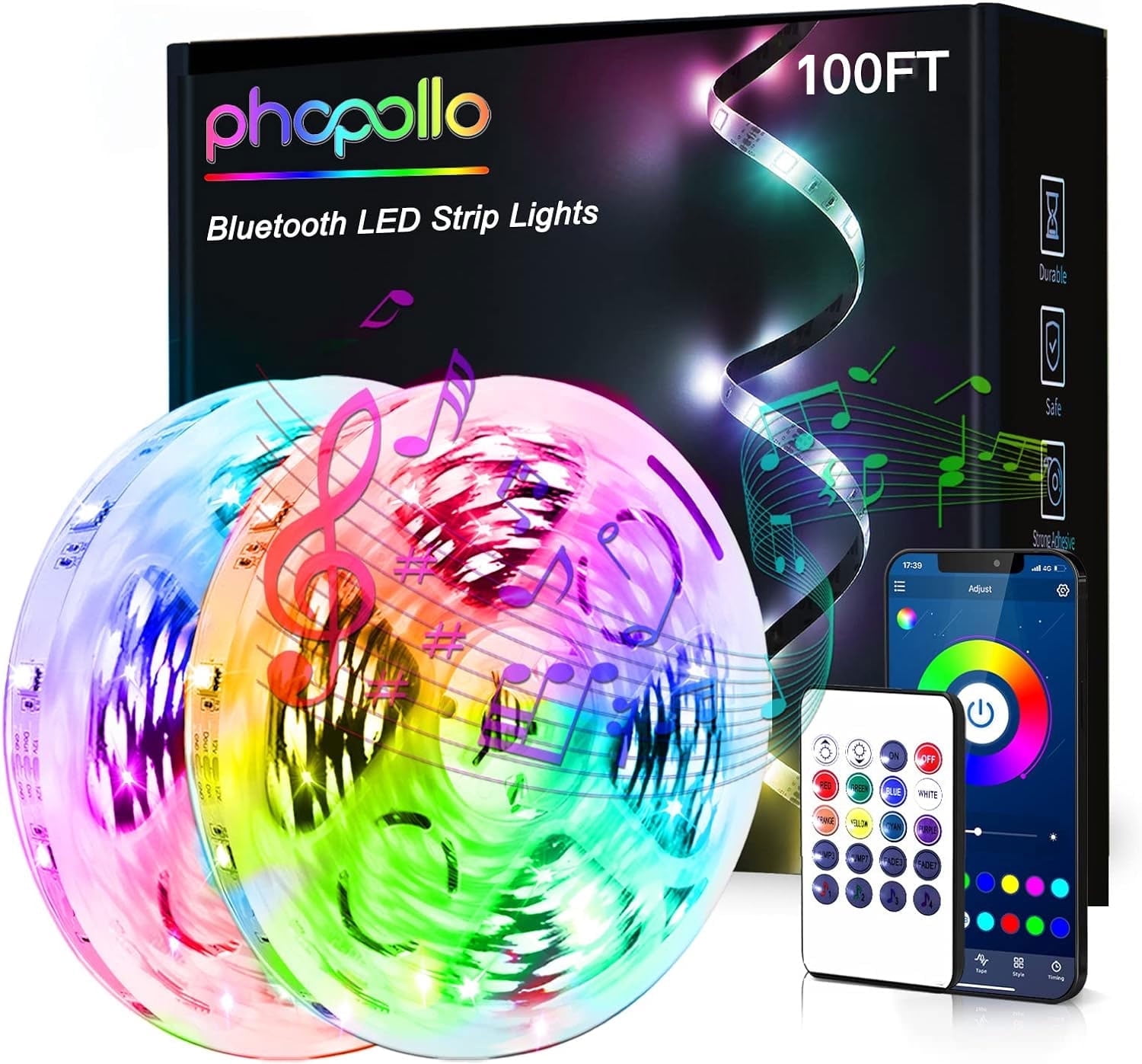 PHOPOLLO 100ft Bluetooth LED Strip Lights RGB Color Changing with App Remote Control for Indoor ...