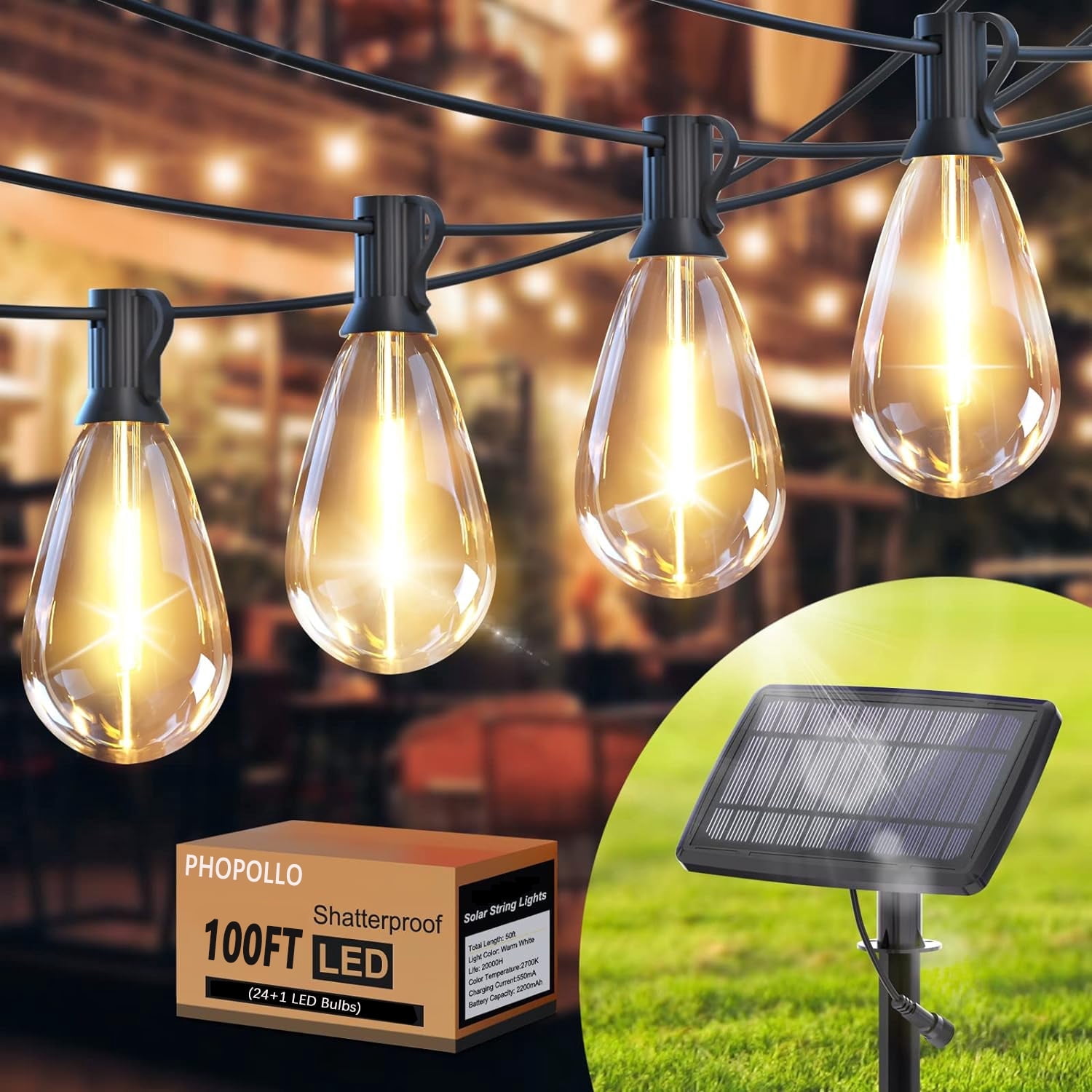 PHOPOLLO 100ft S14 LED Solar String Lights, 25 Waterproof Dimmable ...