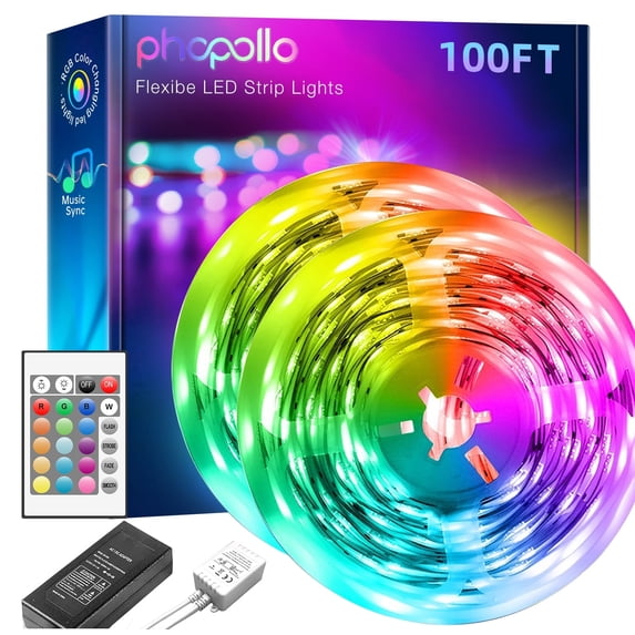 PHOPOLLO 100ft RGB LED Strip Lights, Color Changing with 24Keys Remote ...