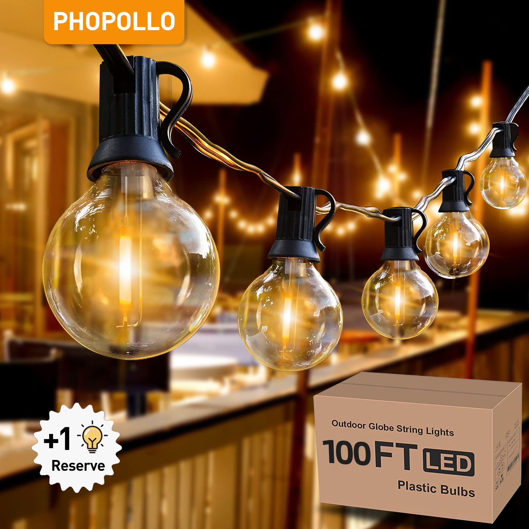 PHOPOLLO 100ft Outdoor String Lights, with 50 Globe Led Patio Bulbs ...