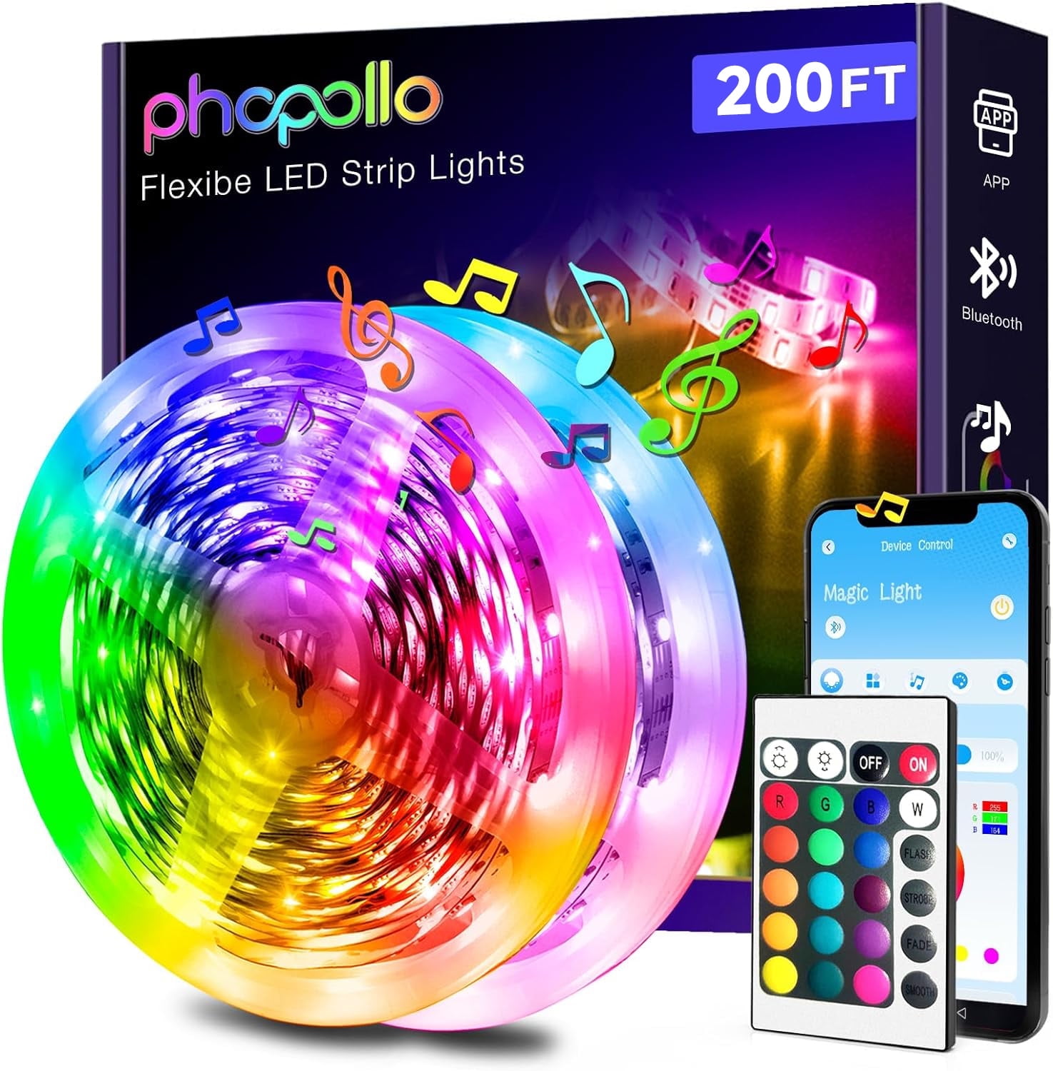 PHOPOLLO Bluetooth 24V Led Strip Lights 200ft (2 Rolls of 100ft), Color ...