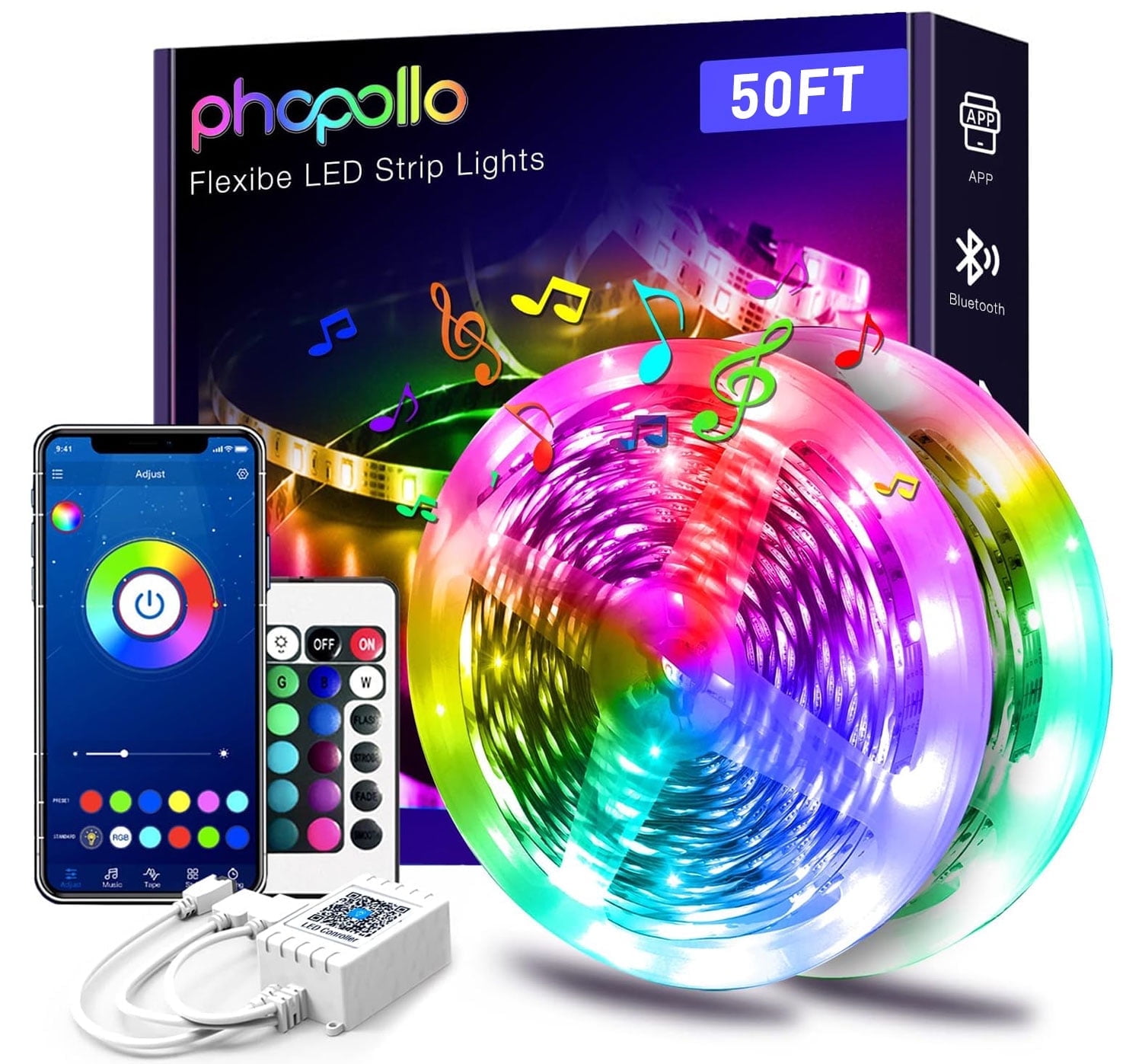 PHOPOLLO Bluetooth LED Strip Lights 50ft, Music Sync Color Changing RGB ...