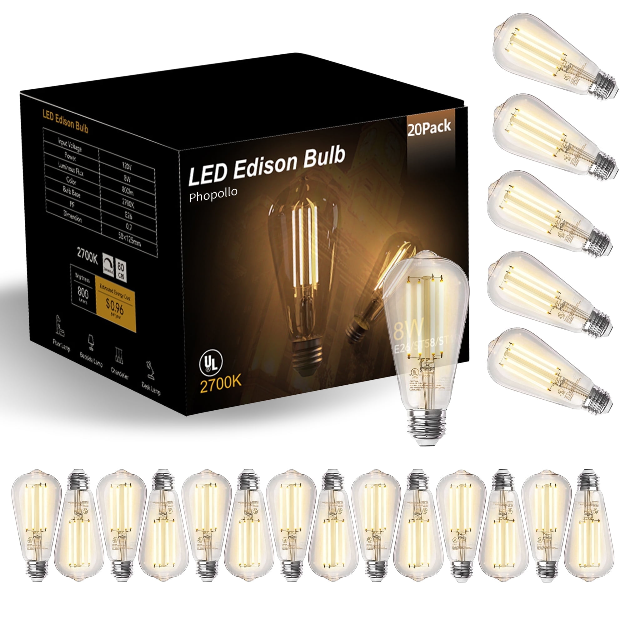 PHOPOLLO ST58 Antique LED Edison Bulbs, Dimmable 8W, 2700K Warm White ...
