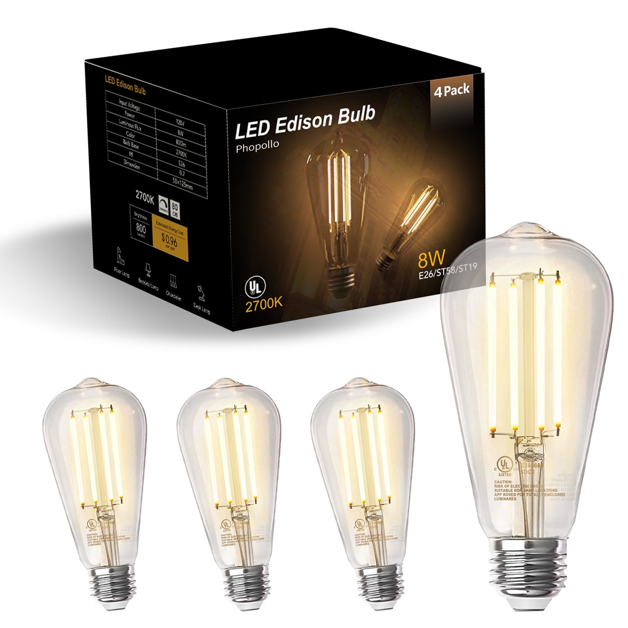 PHOPOLLO ST58 Decorative Vintage LED Edison Bulbs, 8W Dimmable E26 ...