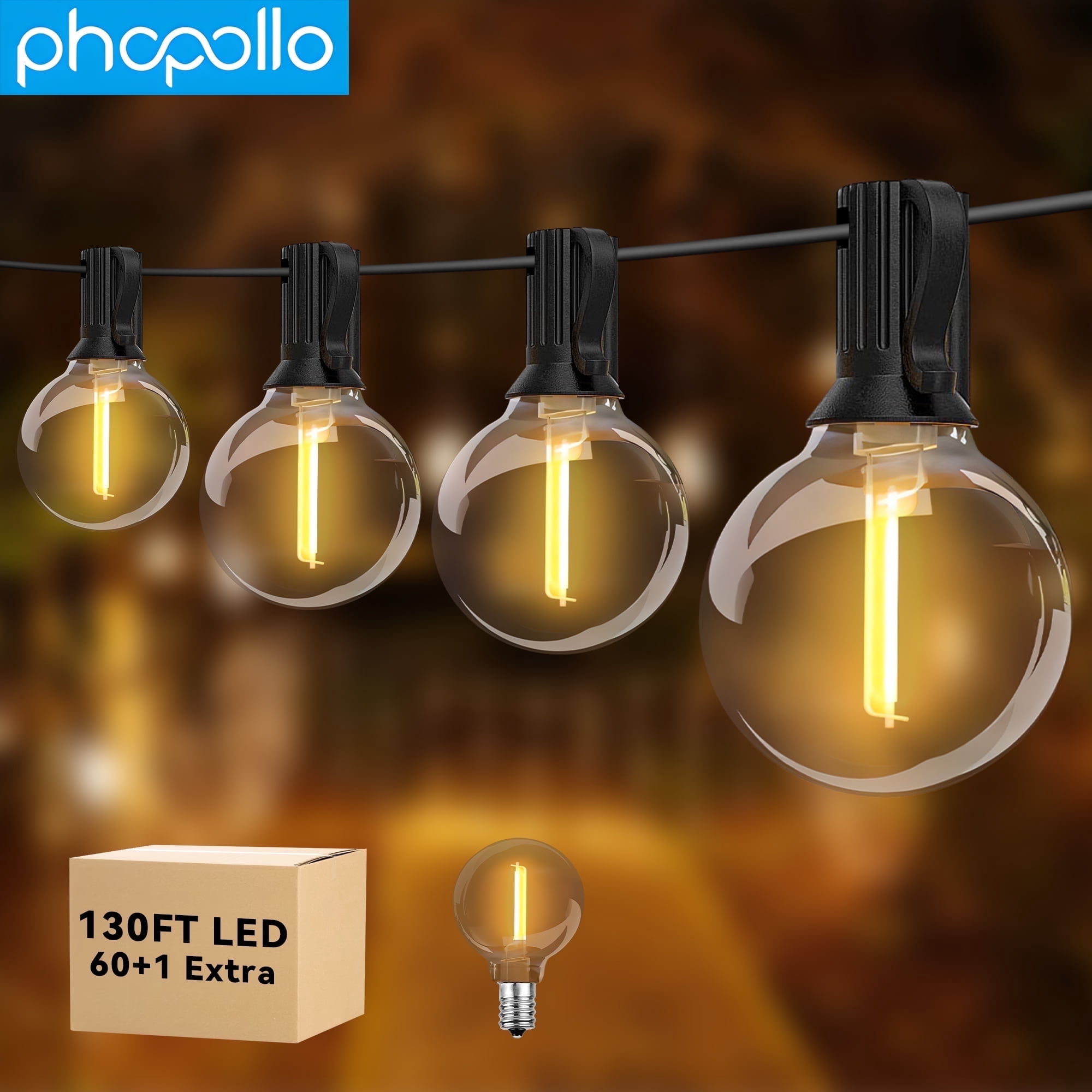 PHOPOLLO 130ft Outdoor String Lights, with60 G40 Edison Bulbs ...