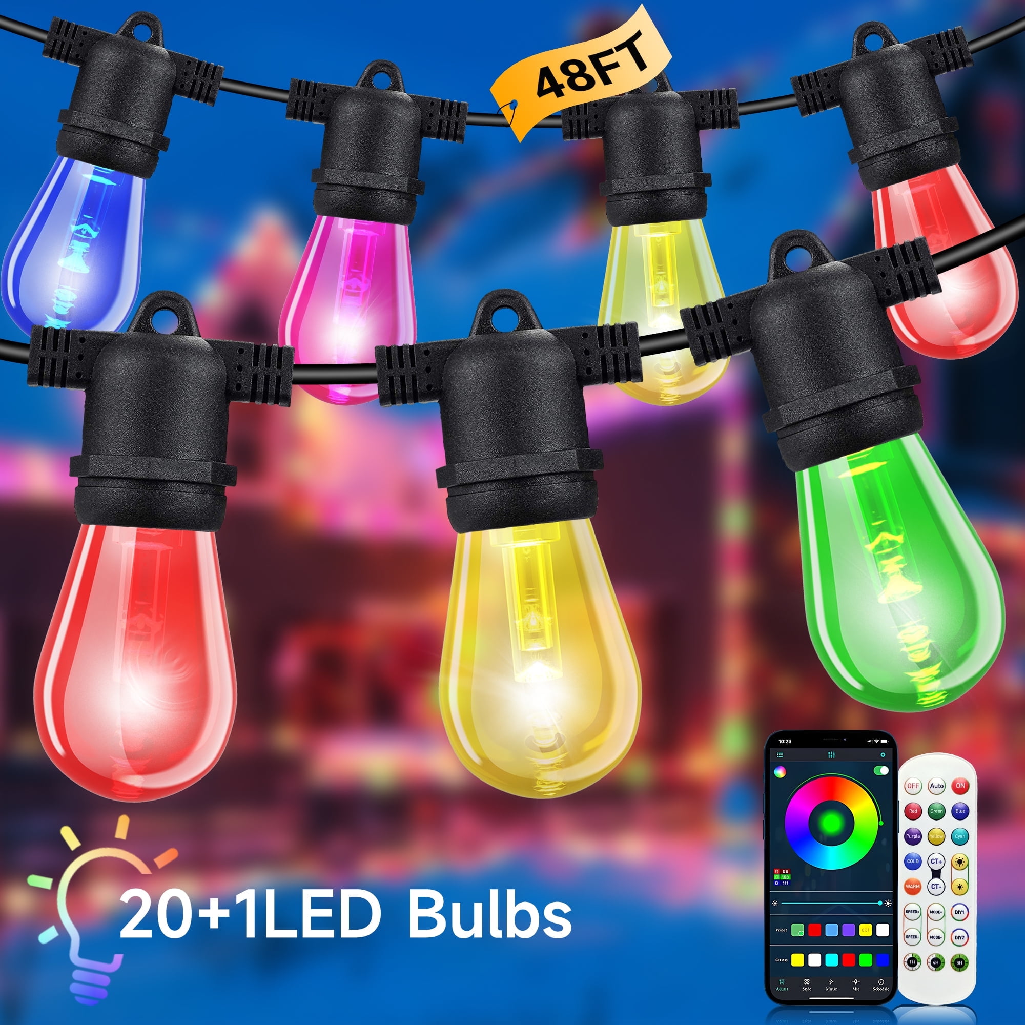 PHOPOLLO Outdoor String Lights,48ft 20 RGB Bulbs Patio Lights with ...