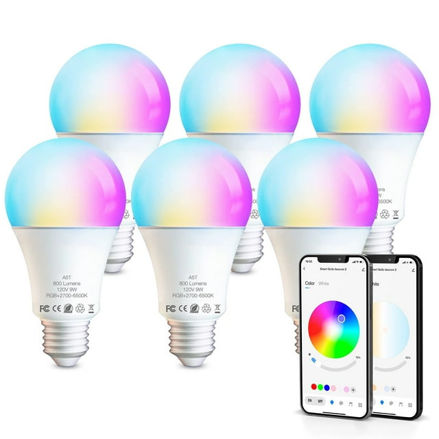 PHOPOLLO Smart LED Bulbs, Bluetooth, App Control, RGB, A19 9W E26, 6 Pack - Walmart.com