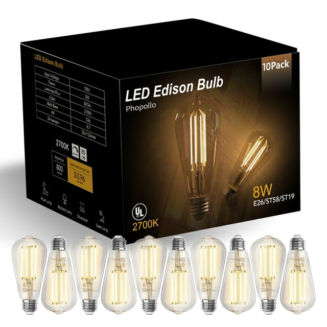 PHOPOLLO Decorative Vintage LED Edison Bulbs, ST58, Dimmable, Warm White 2700K, 80+ CRI, 8W ...