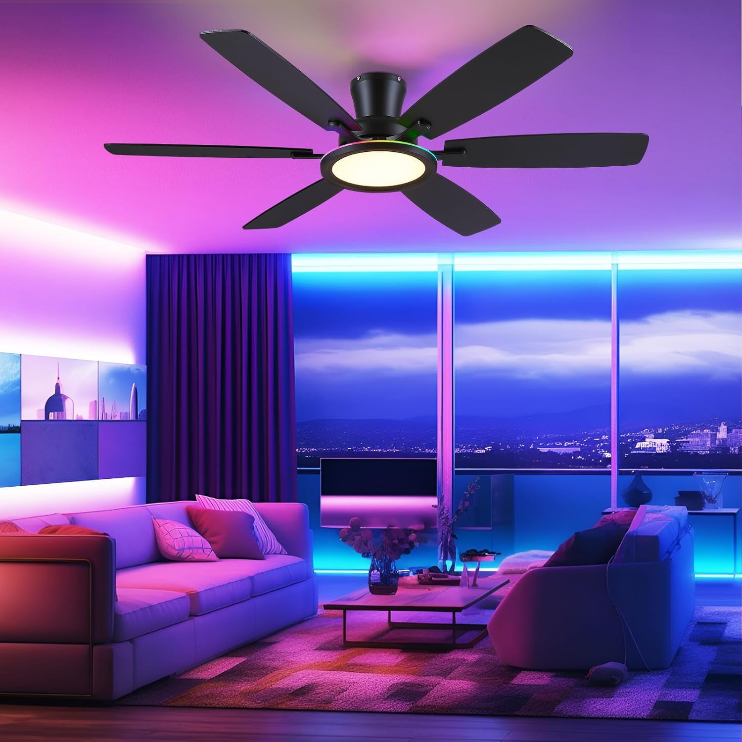 PHORUS Modern 55" Black Flush Mount Ceiling Fan with RGB Color Changing ...