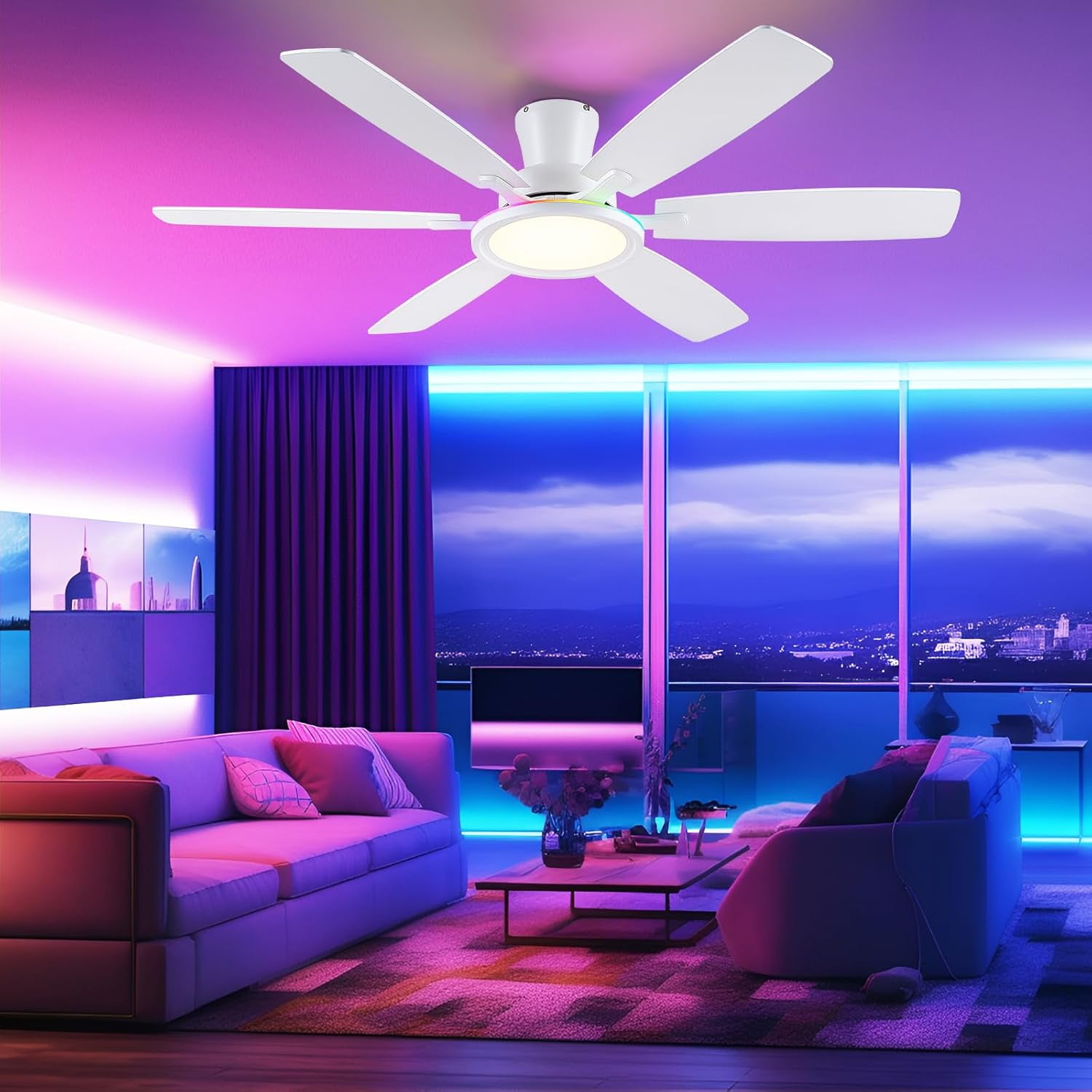 PHORUS Modern 55" White Flush Mount Ceiling Fan with RGB Color Changing ...