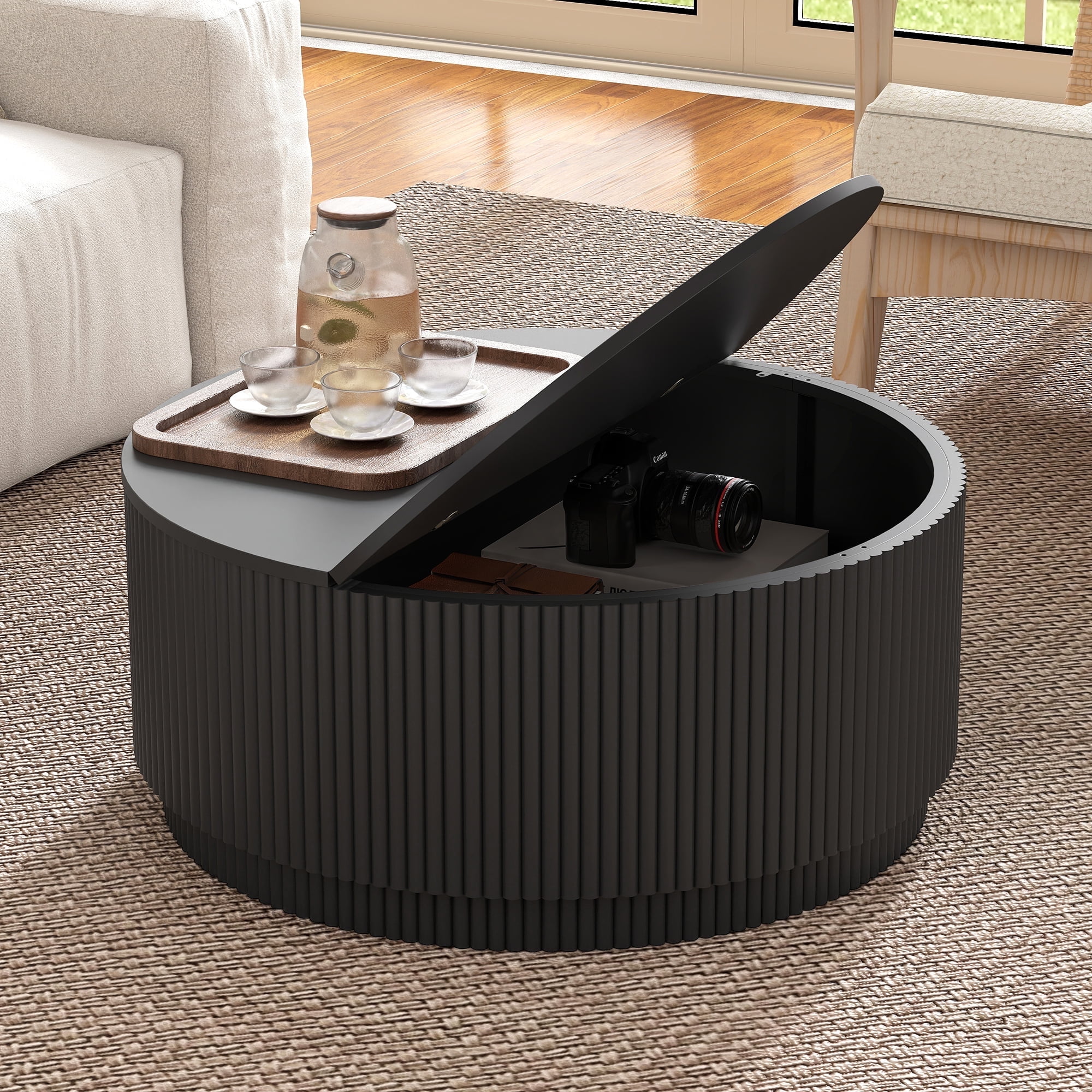 PHOYAL 31.5" Fluted Round Coffee Table with Flip Top and Hidden ...