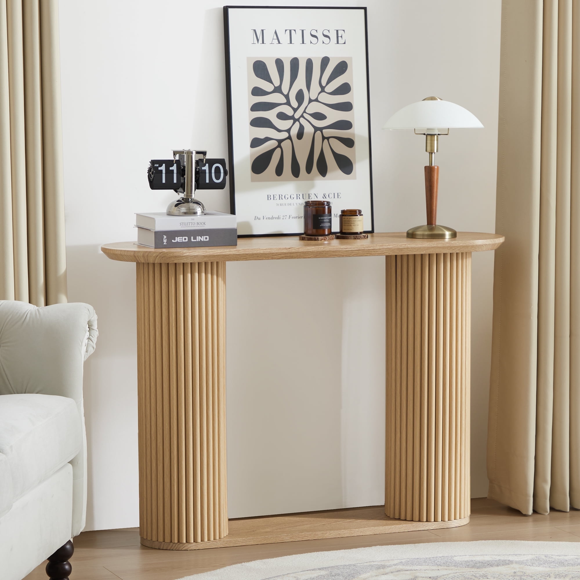 PHOYAL 42.51" Long Natural Console Table with Vertical Stripe, Fluted ...
