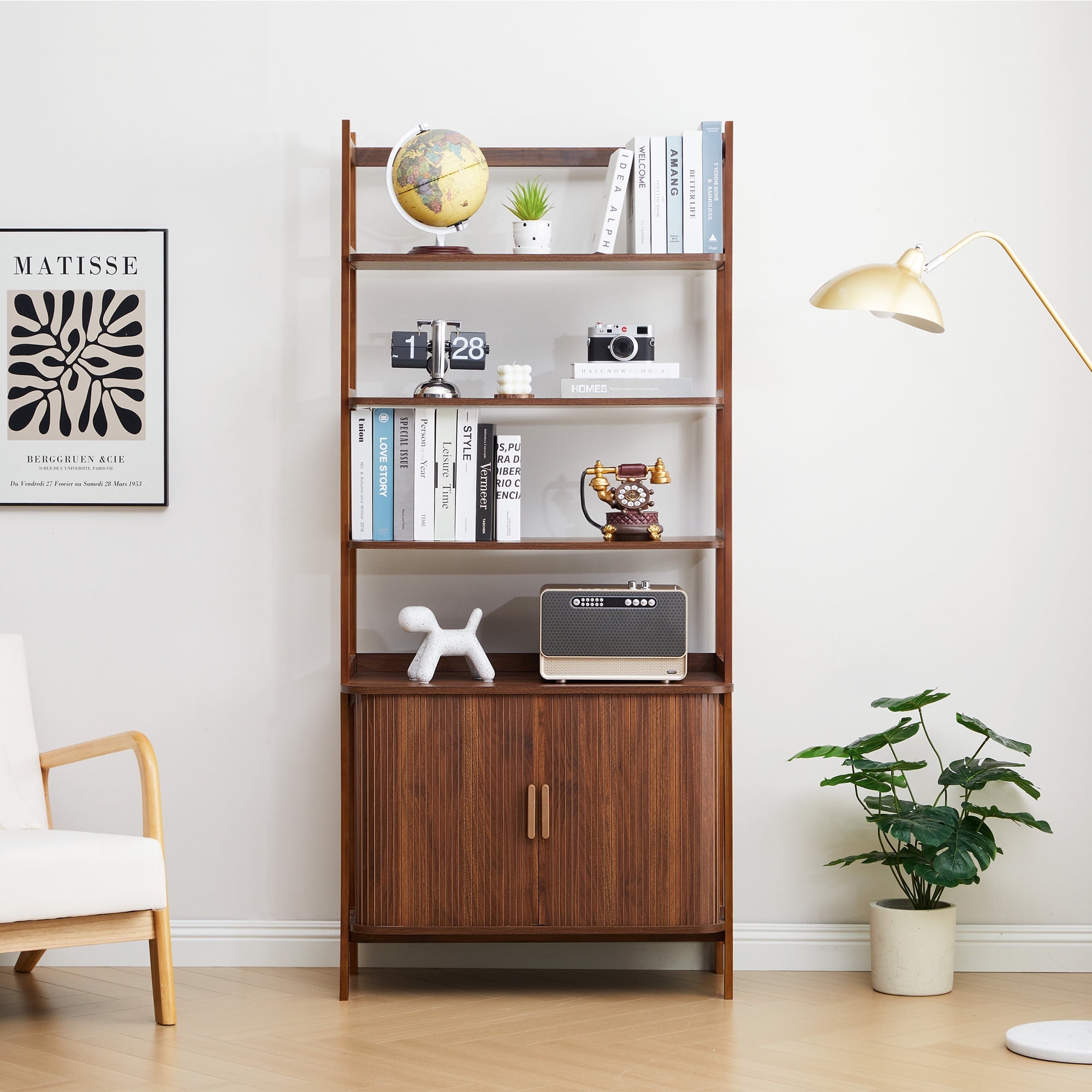 PHOYAL 70" Tall Bookcase with 2 Tambour Sliding Doors and 4 Open ...