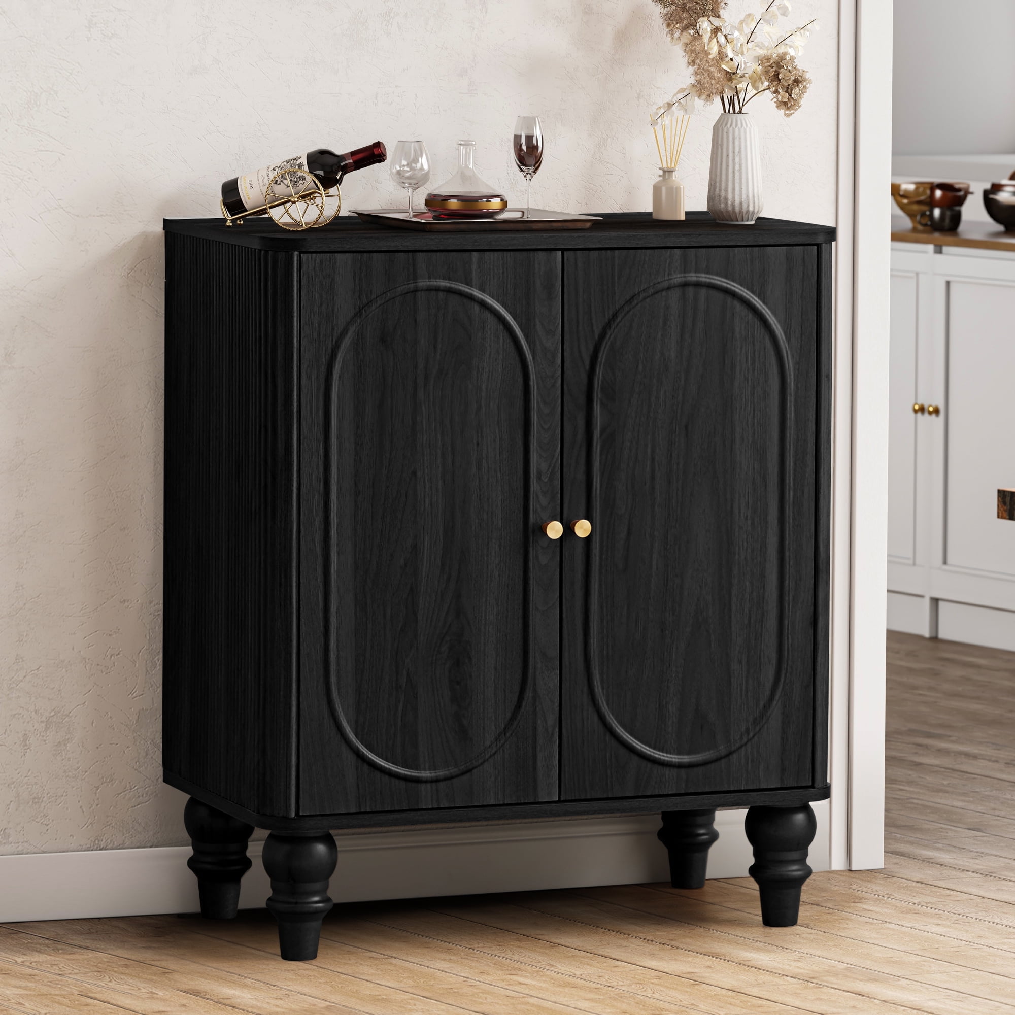 PHOYAL Black Sideboard and Buffets, Fluted Buffet Cabinet with 2 Arch ...