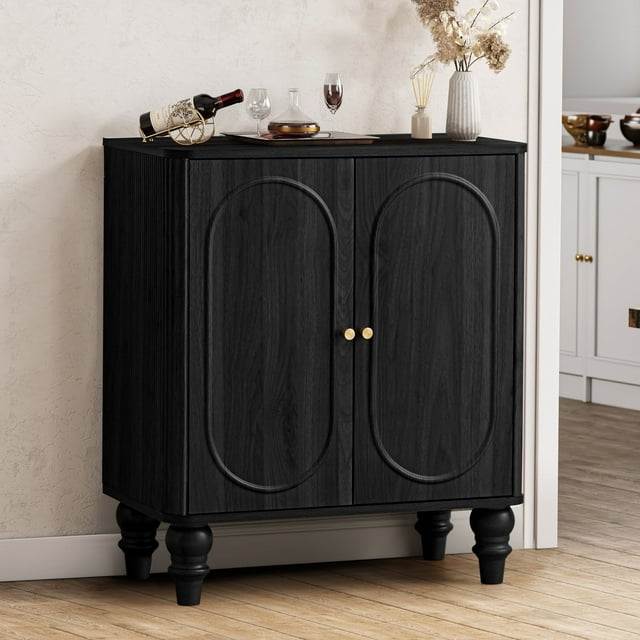 PHOYAL Black Sideboard and Buffets, Fluted Buffet Cabinet with 2 Arch ...