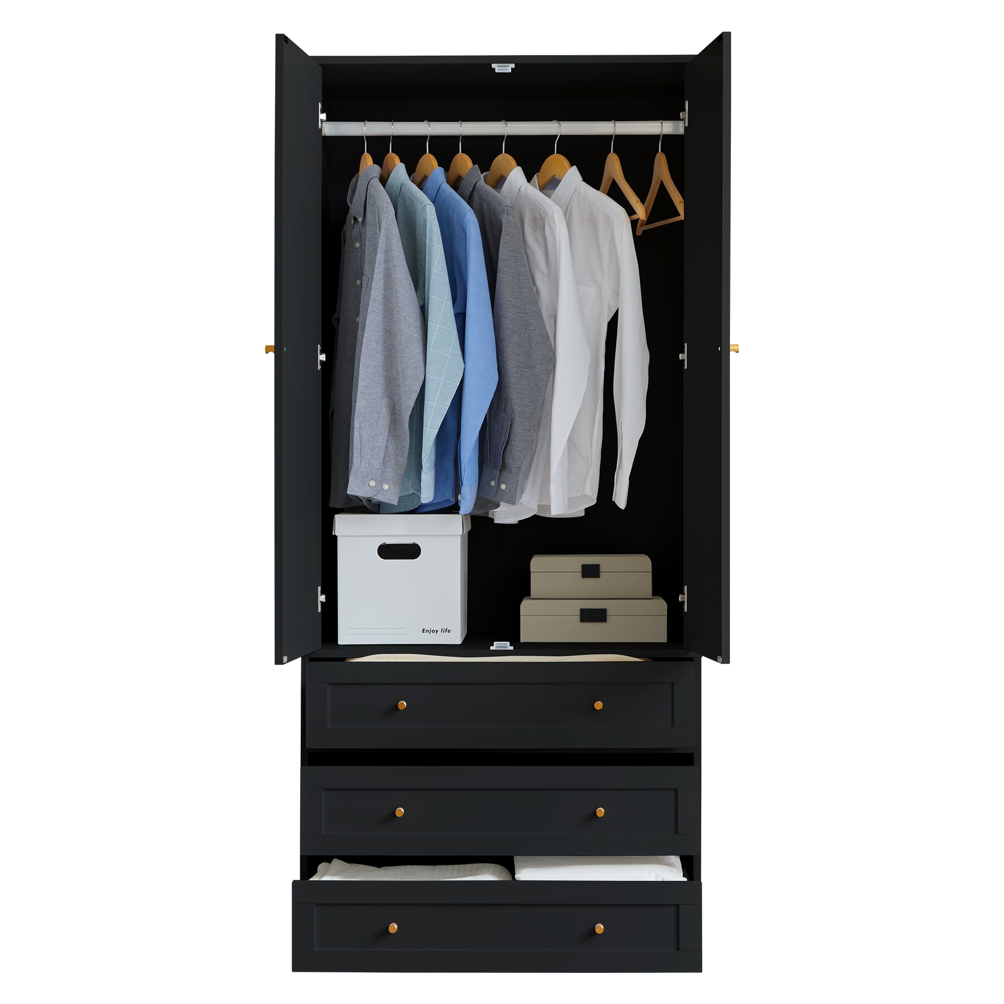 PHOYAL Black Wardrobe Armoire Closet with Shelves and 3 Drawer ...