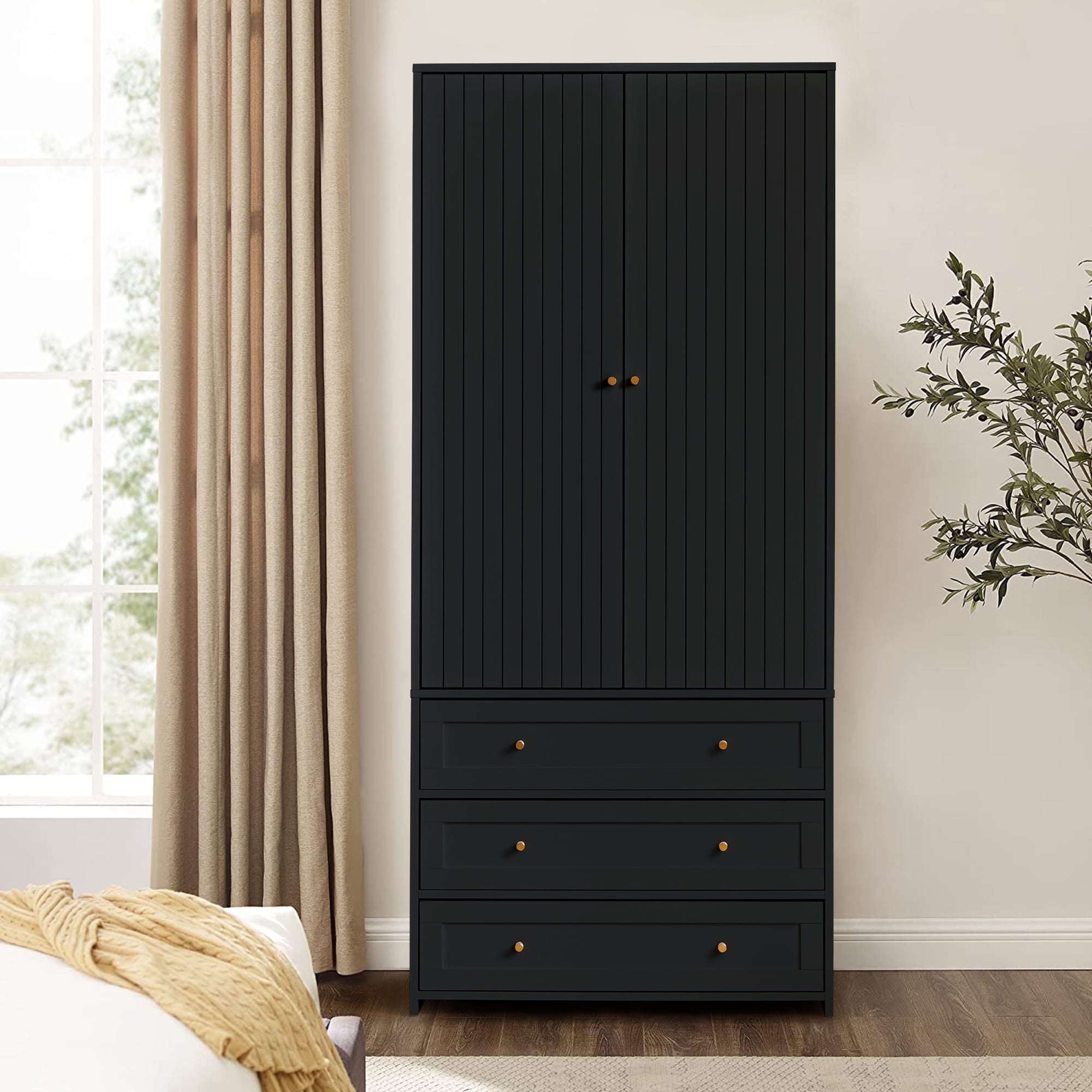 PHOYAL Black Wardrobe Armoire Closet with Shelves and 3 Drawer ...