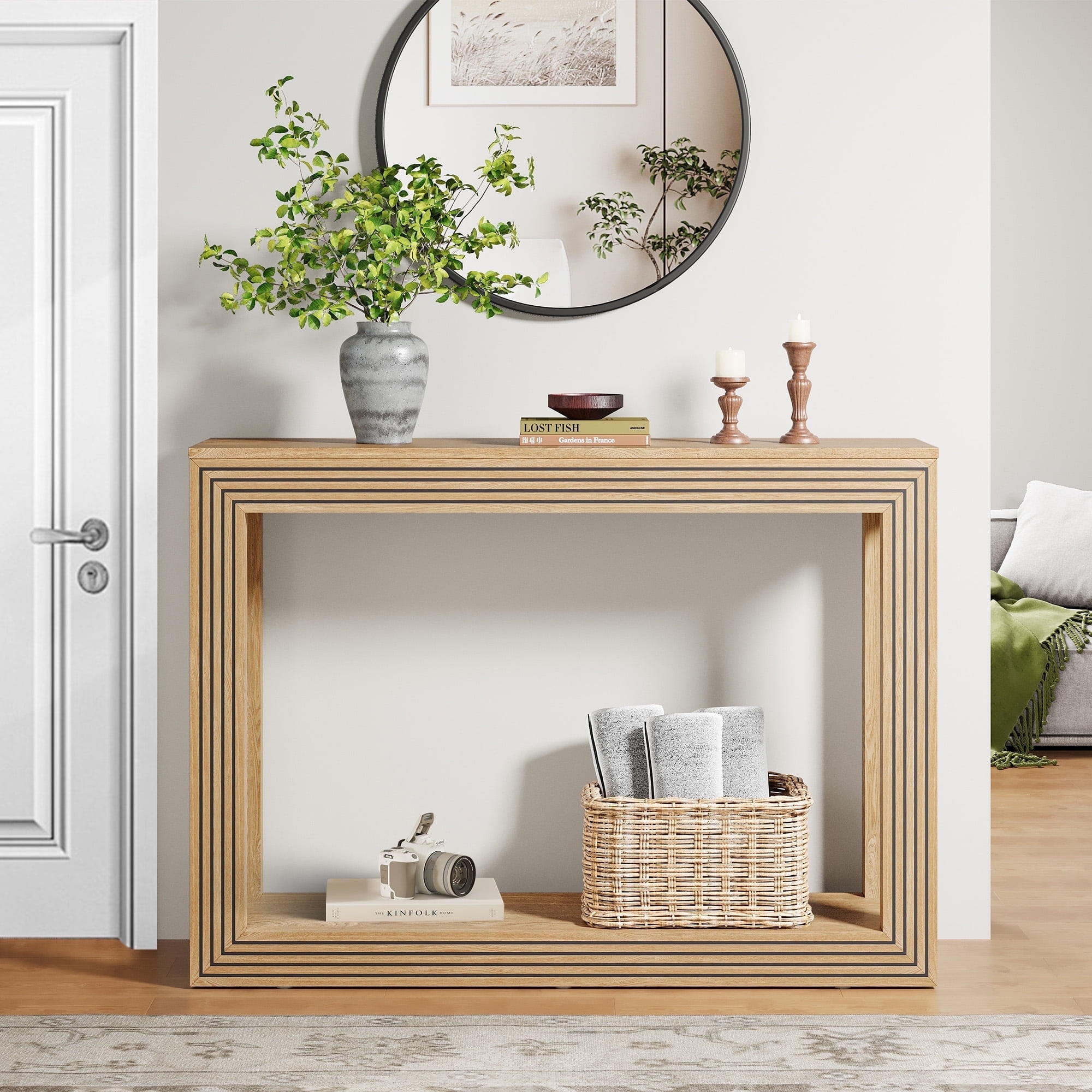 PHOYAL Farmhouse Line Carve Console Table, 2 Tier Wooden Rectangle Sofa ...