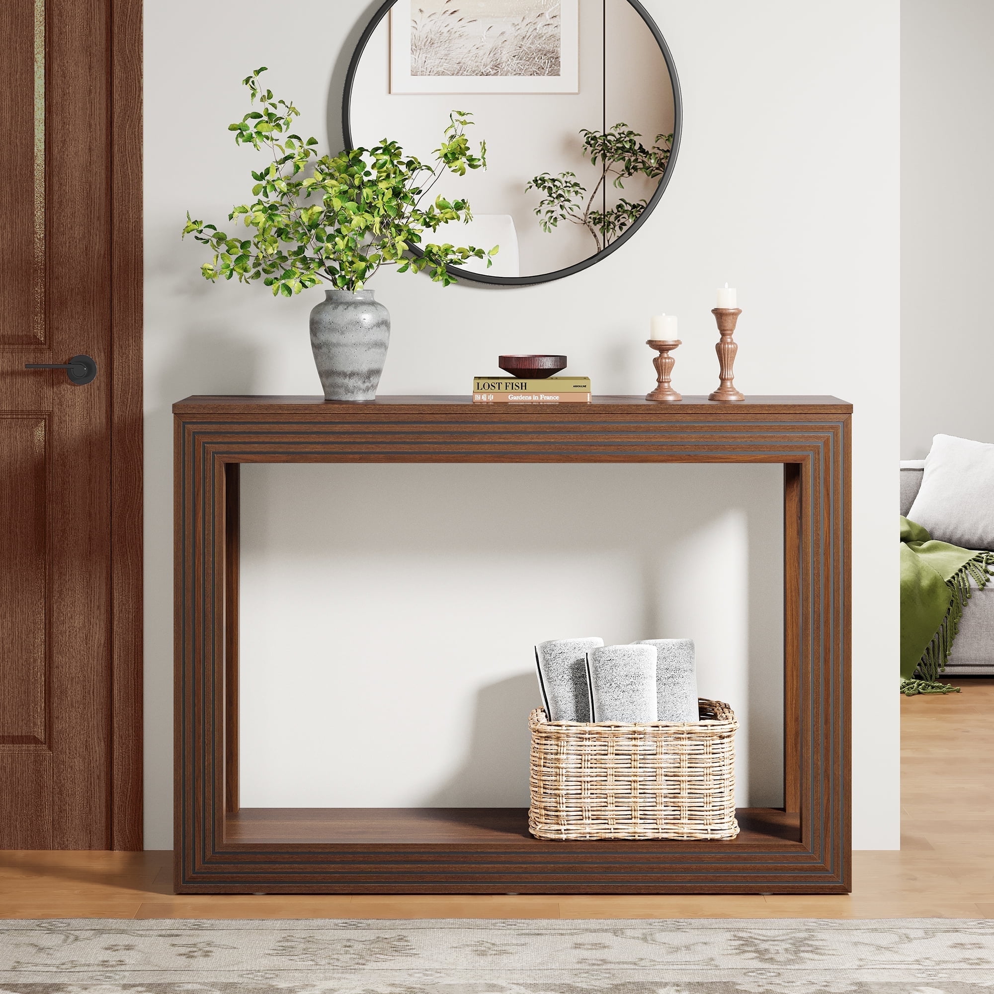 PHOYAL Farmhouse Line Carve Console Table, 2 Tier Wooden Rectangle Sofa ...